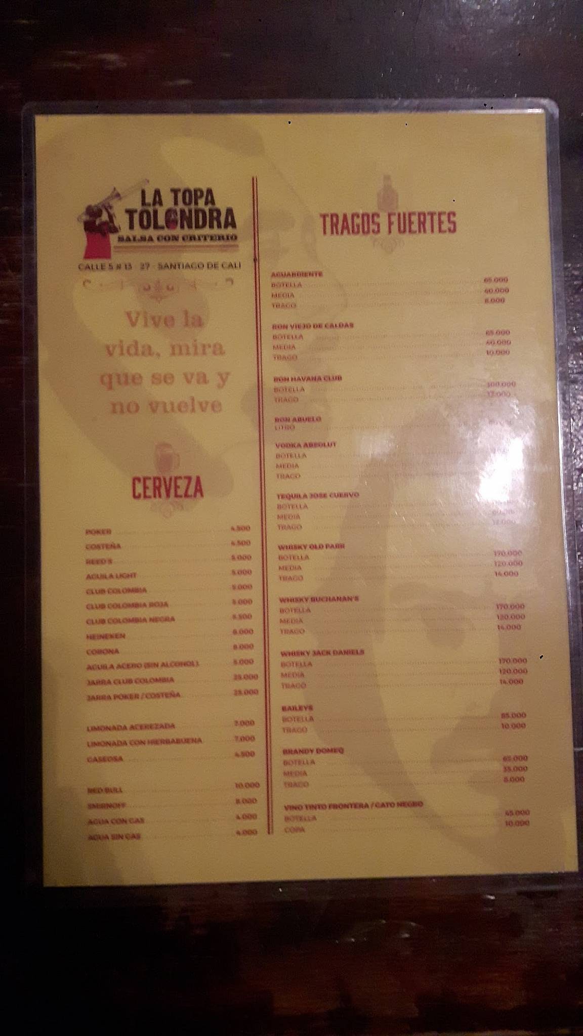 Carta del pub y bar La Topa Tolondra, Cali, Cl. 5 #13-27