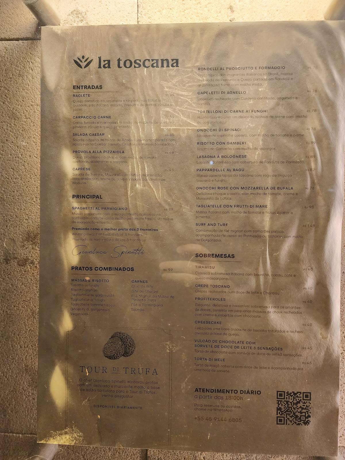 Carta del restaurante La Toscana Foz, Foz do Iguaçu