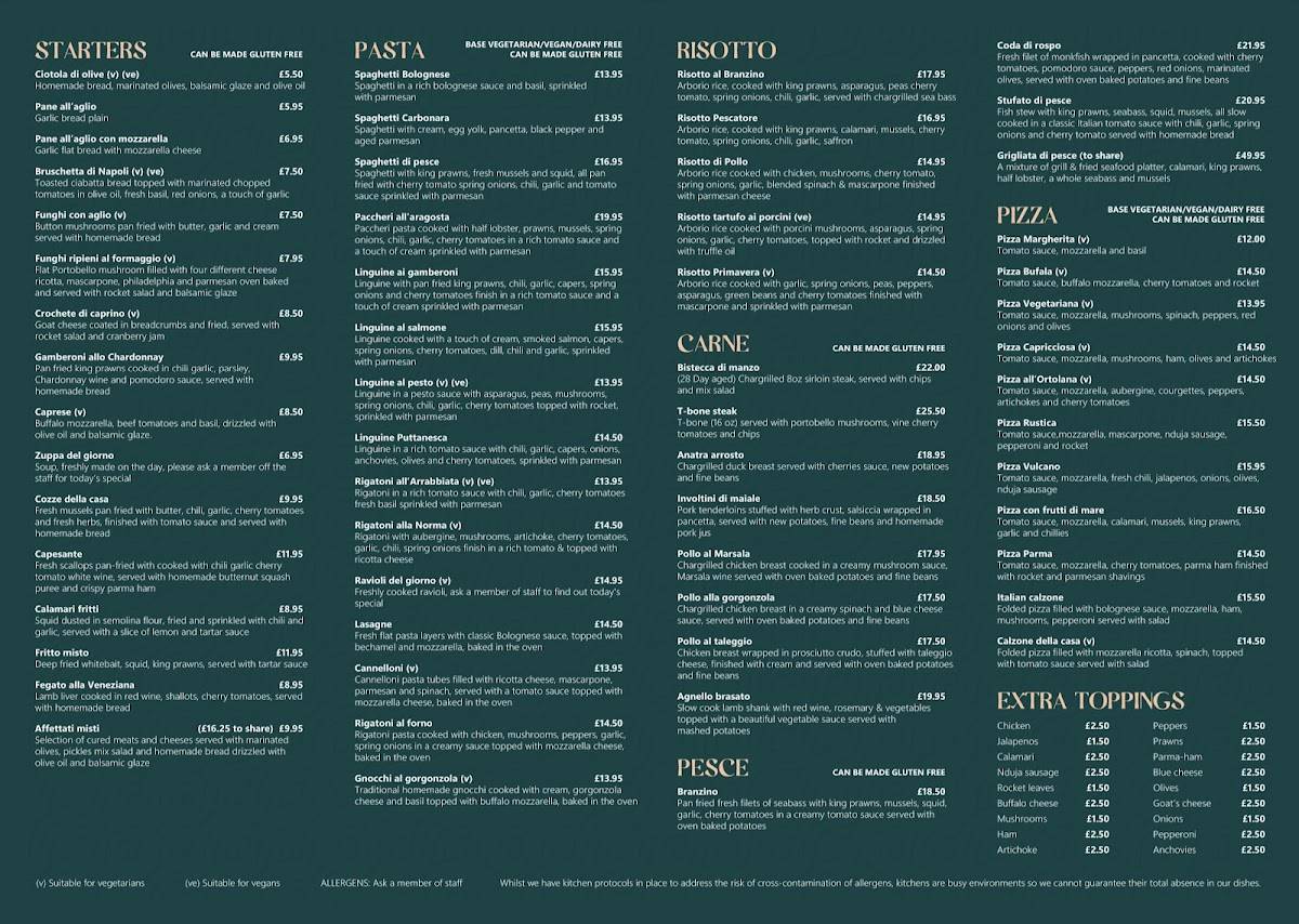 Menu at La Vecchia Orsa restaurant, Chippenham