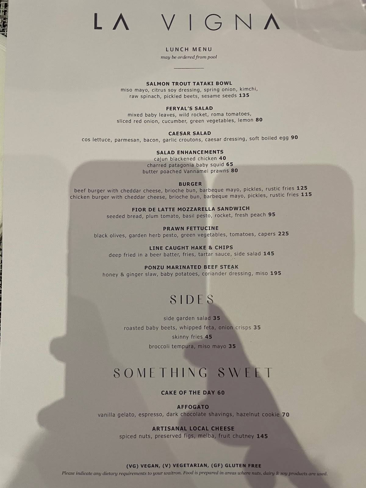 Menu at La Vigna Restaurant, Cape Town