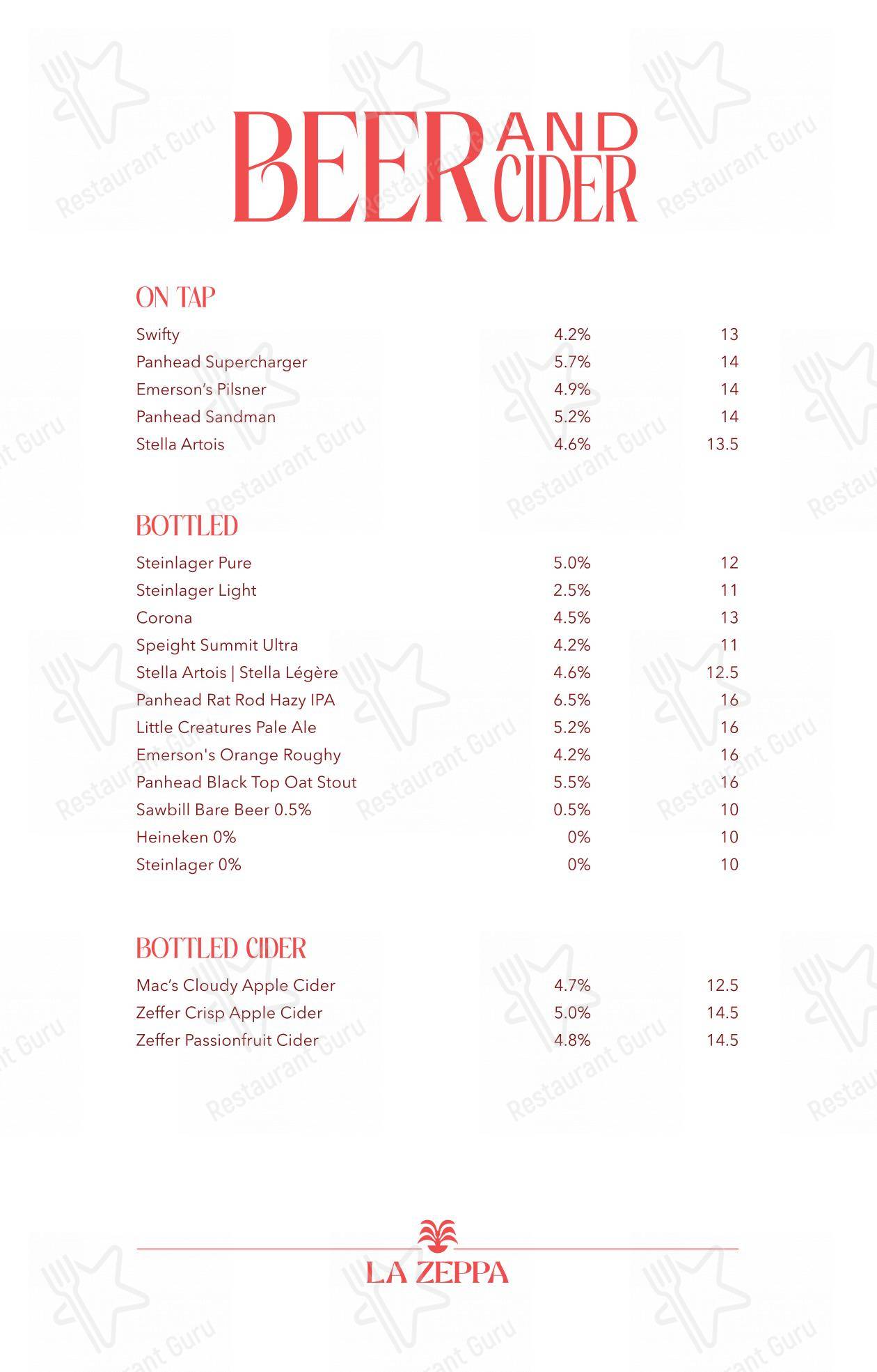 Menu at La Zeppa Kitchen and Bar, Auckland