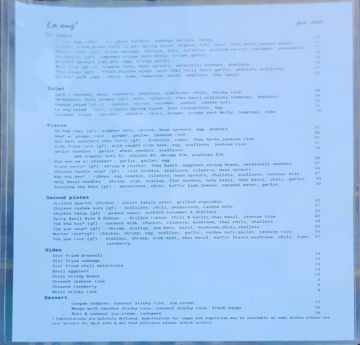 Menu at La ong Beverly Hills restaurant, Beverly Hills