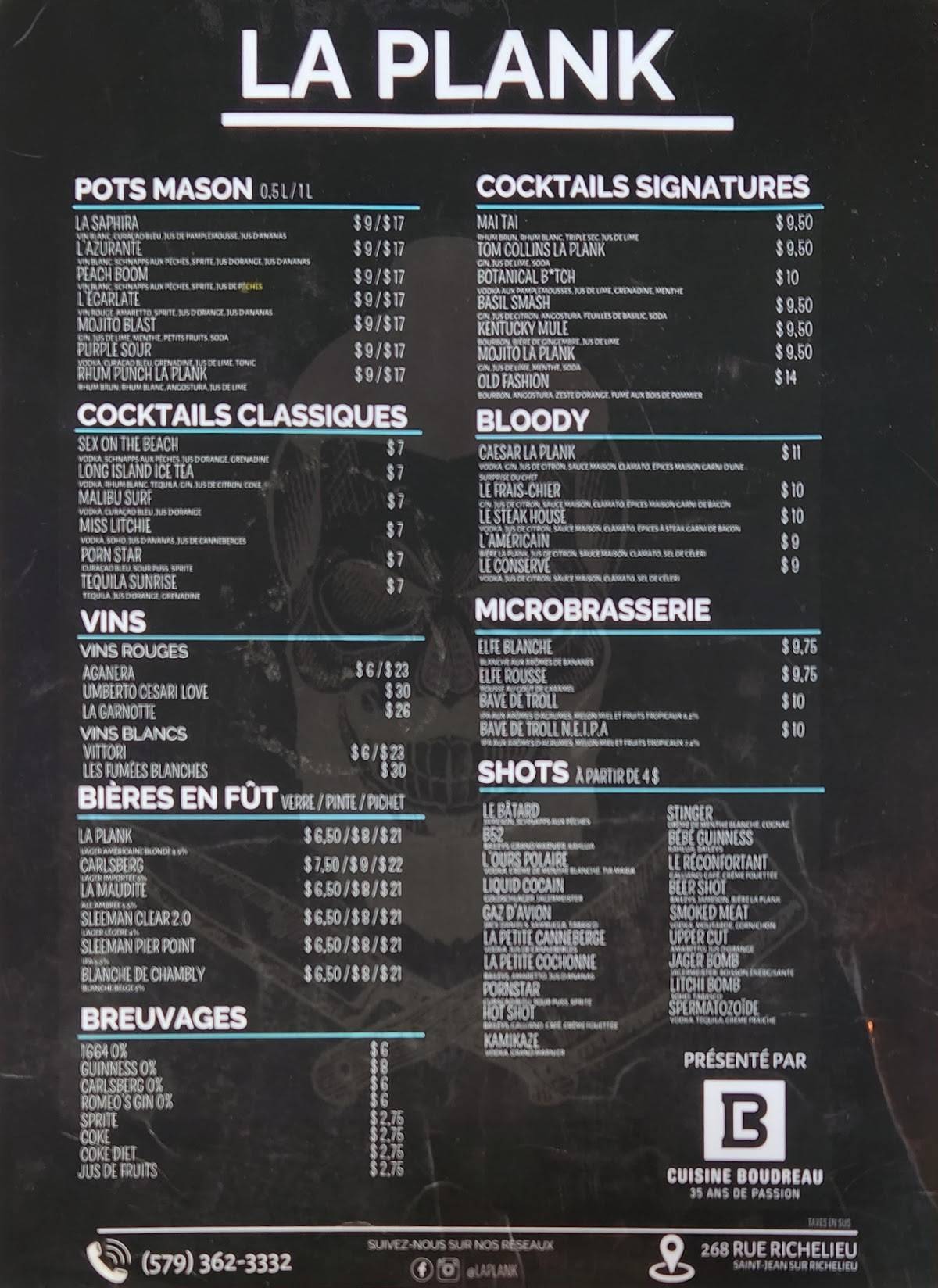 Menu au La plank restaurant, Saint-Jean-sur-Richelieu