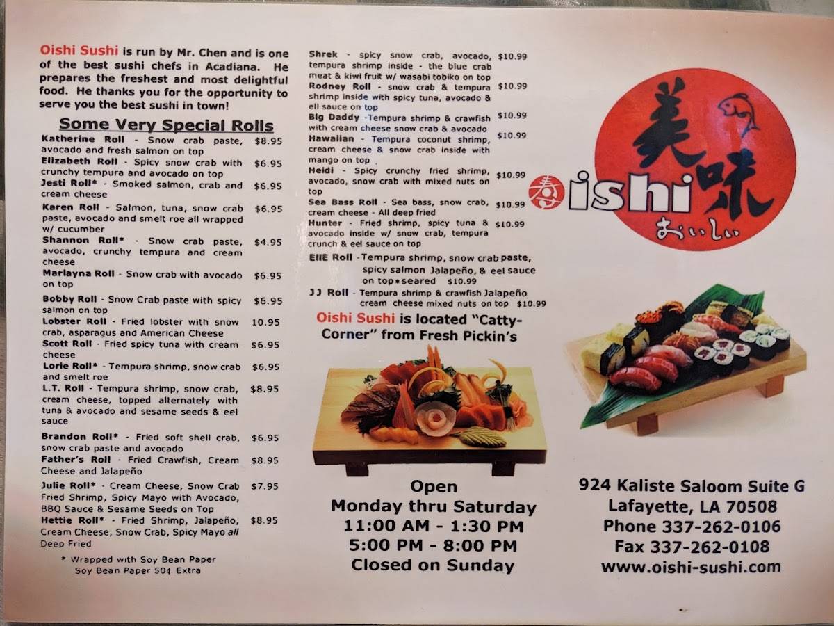 Menu at Oishi Sushi restaurant, Lafayette