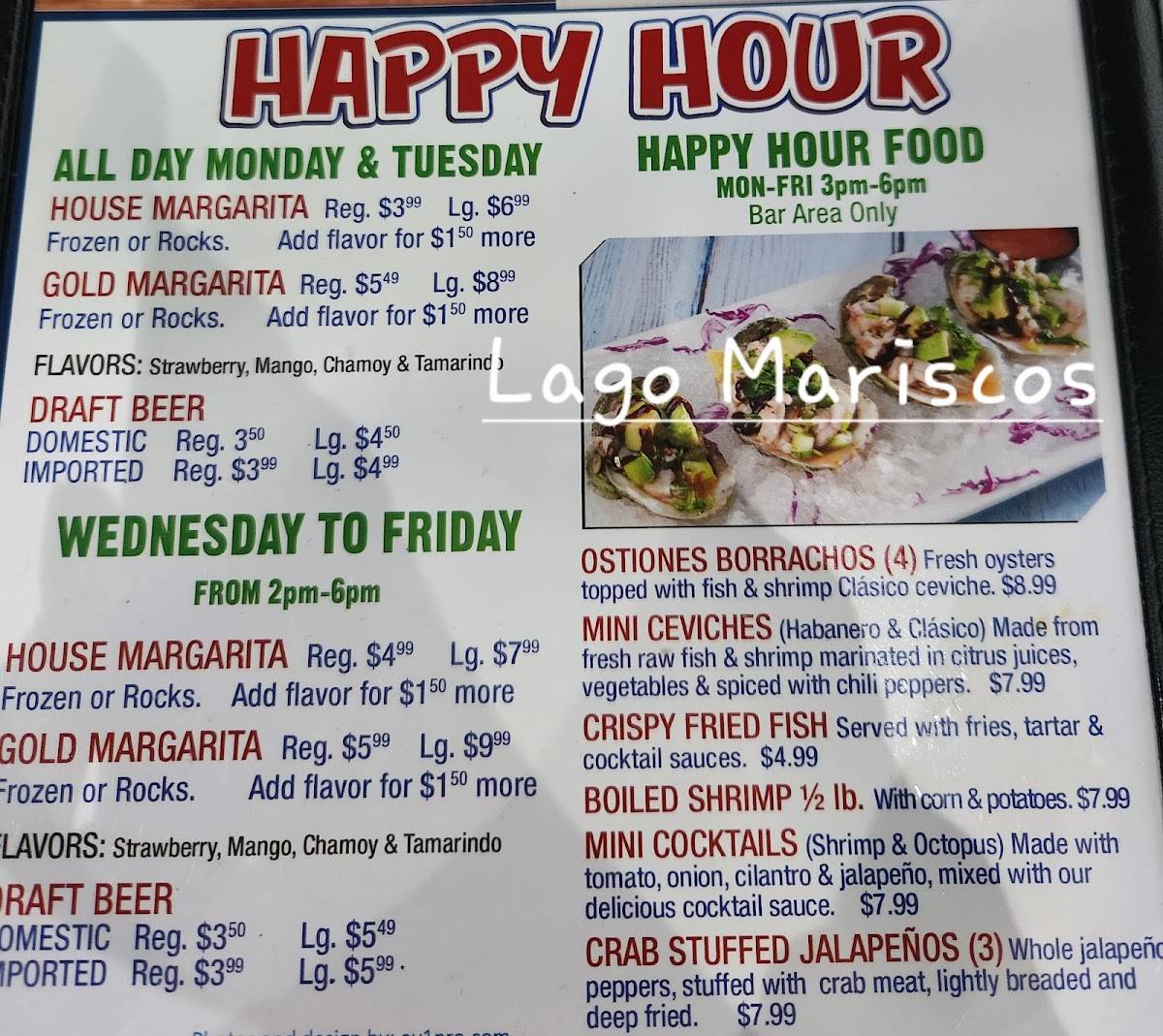 Menu at Lago Mariscos restaurant, Sugar Land