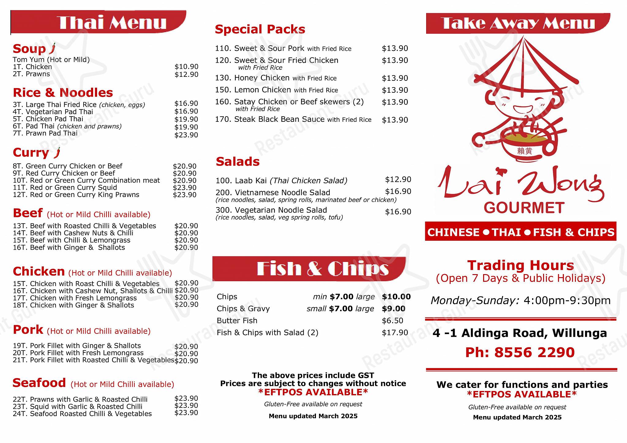 Menu at Lai Wong Gourmet fast food, Willunga