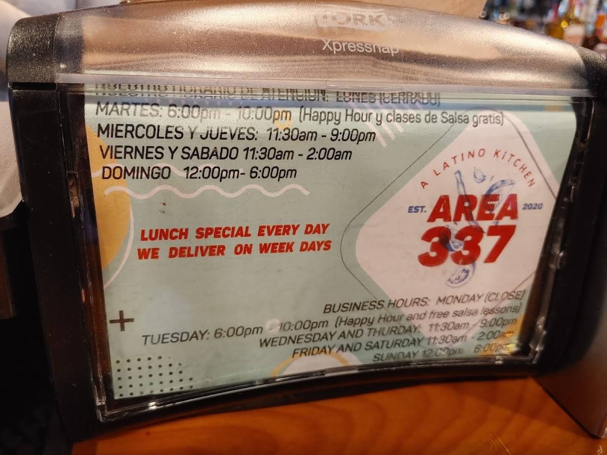 Menu at Area 337 restaurant, Lake Charles