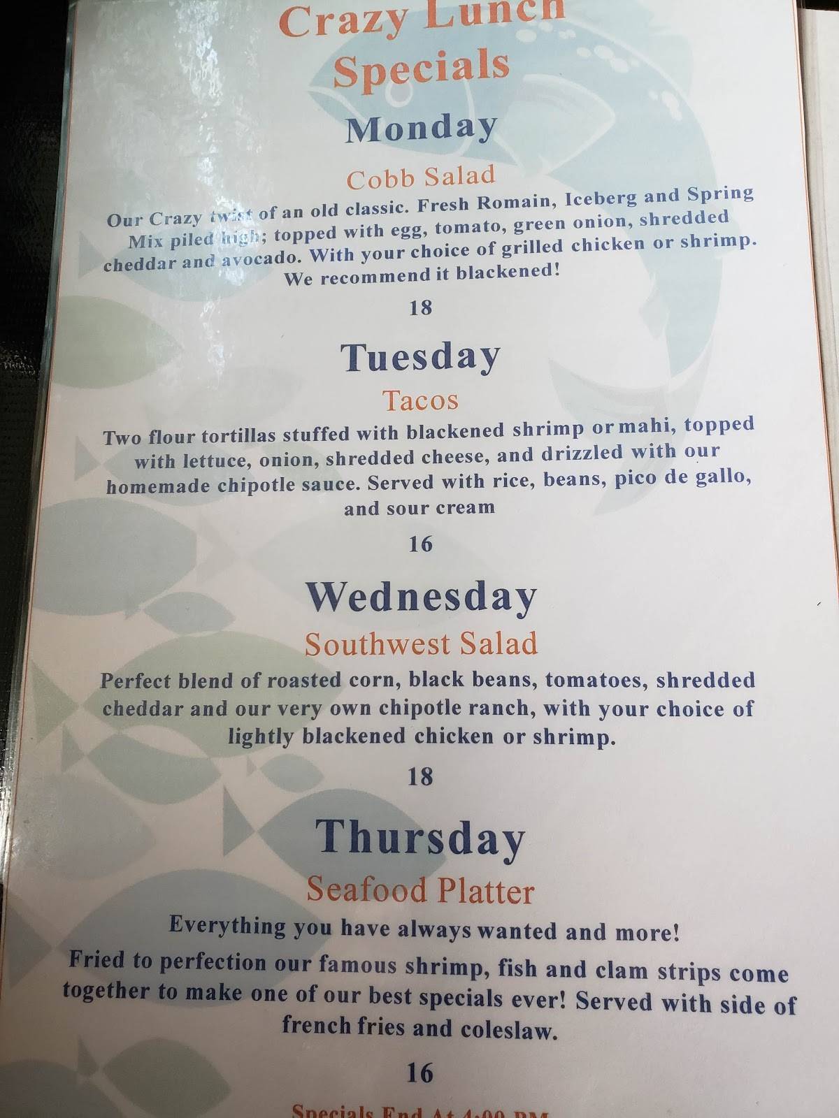 Menu at Crazy Fish Bar And Grill, Lake Wales