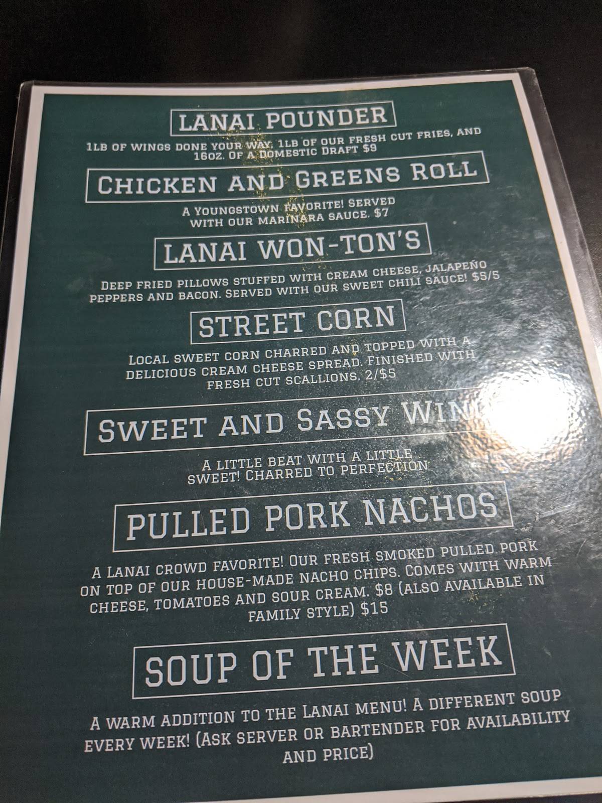 Menu at Lanai pub & bar, Youngstown