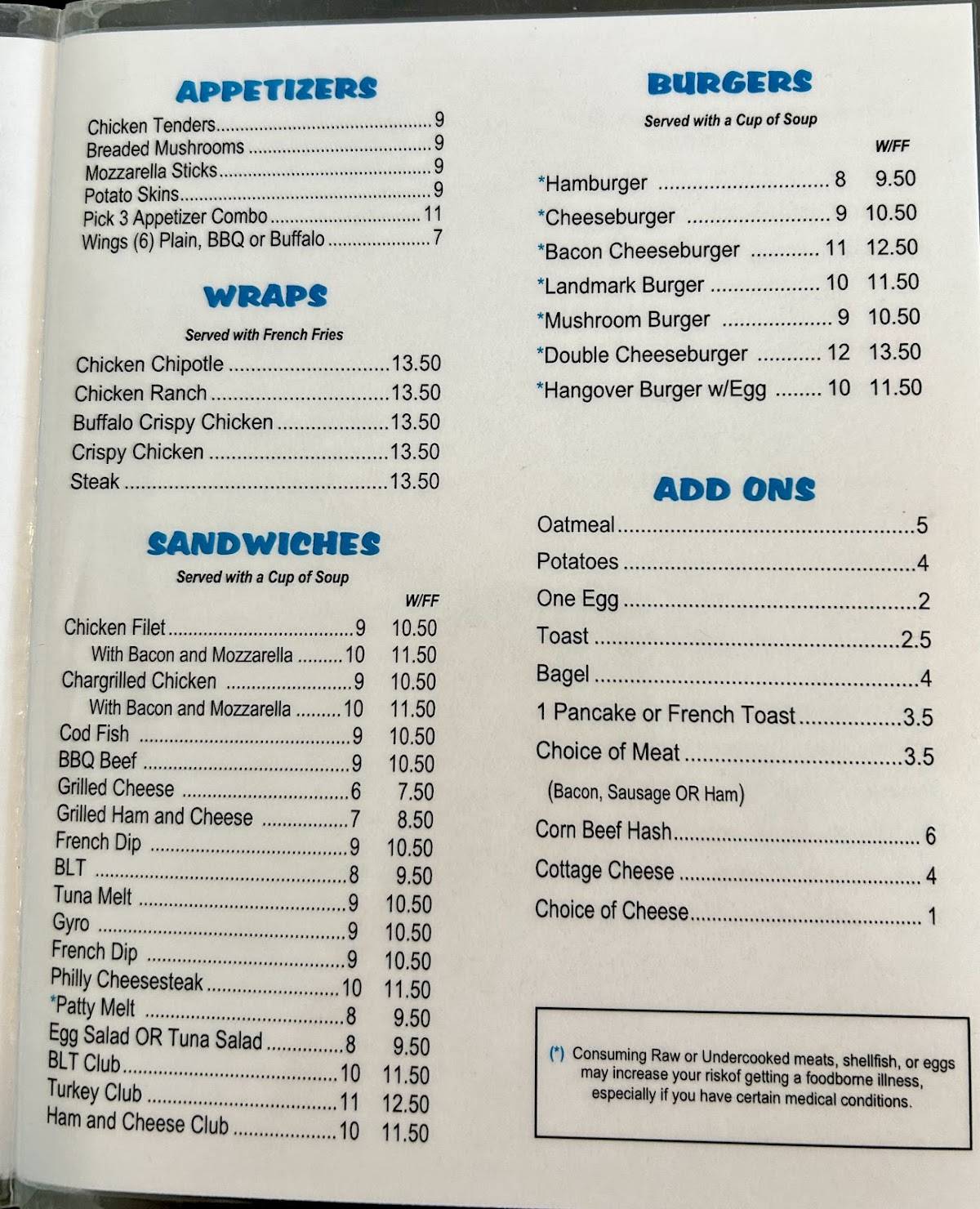 Menu at Landmark by the Lake pub & bar, Cudahy