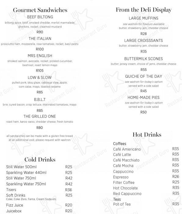 Menu at Lanzerac Deli restaurant, Stellenbosch
