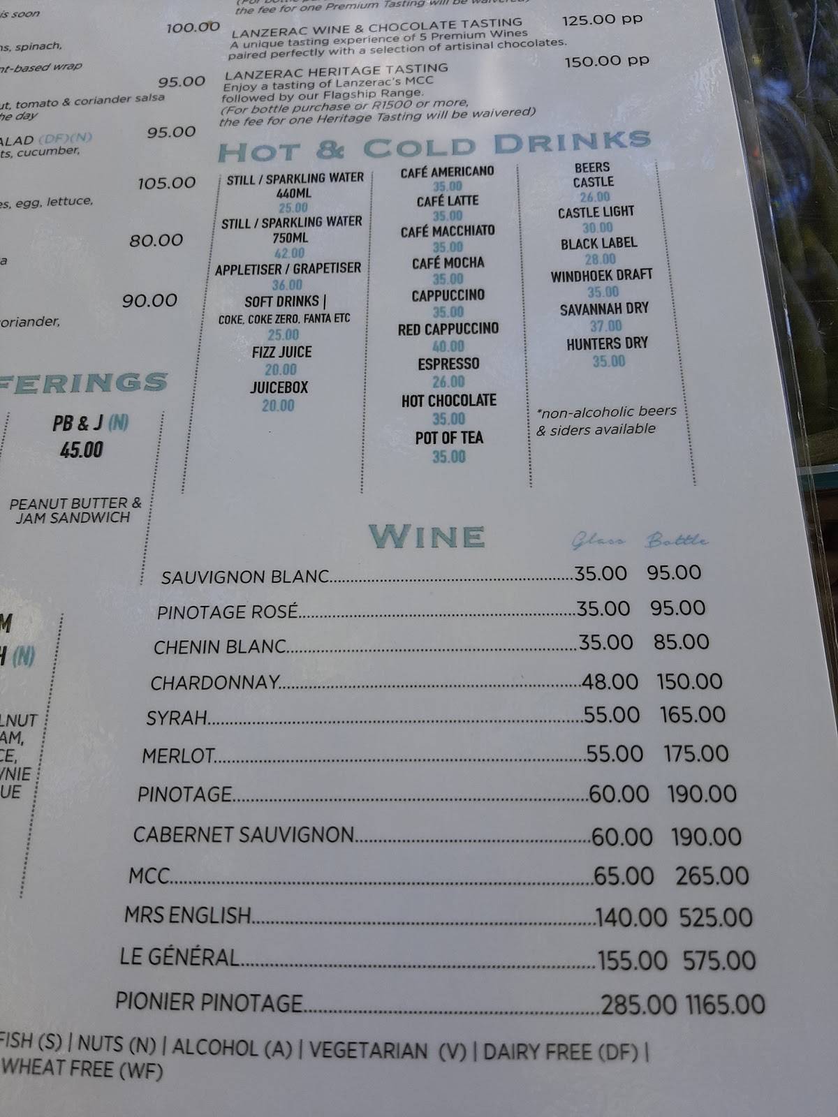 Menu at Lanzerac Deli restaurant, Stellenbosch