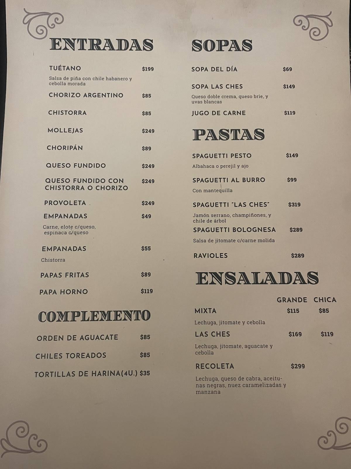 Carta del restaurante Las Ches, Ciudad del México