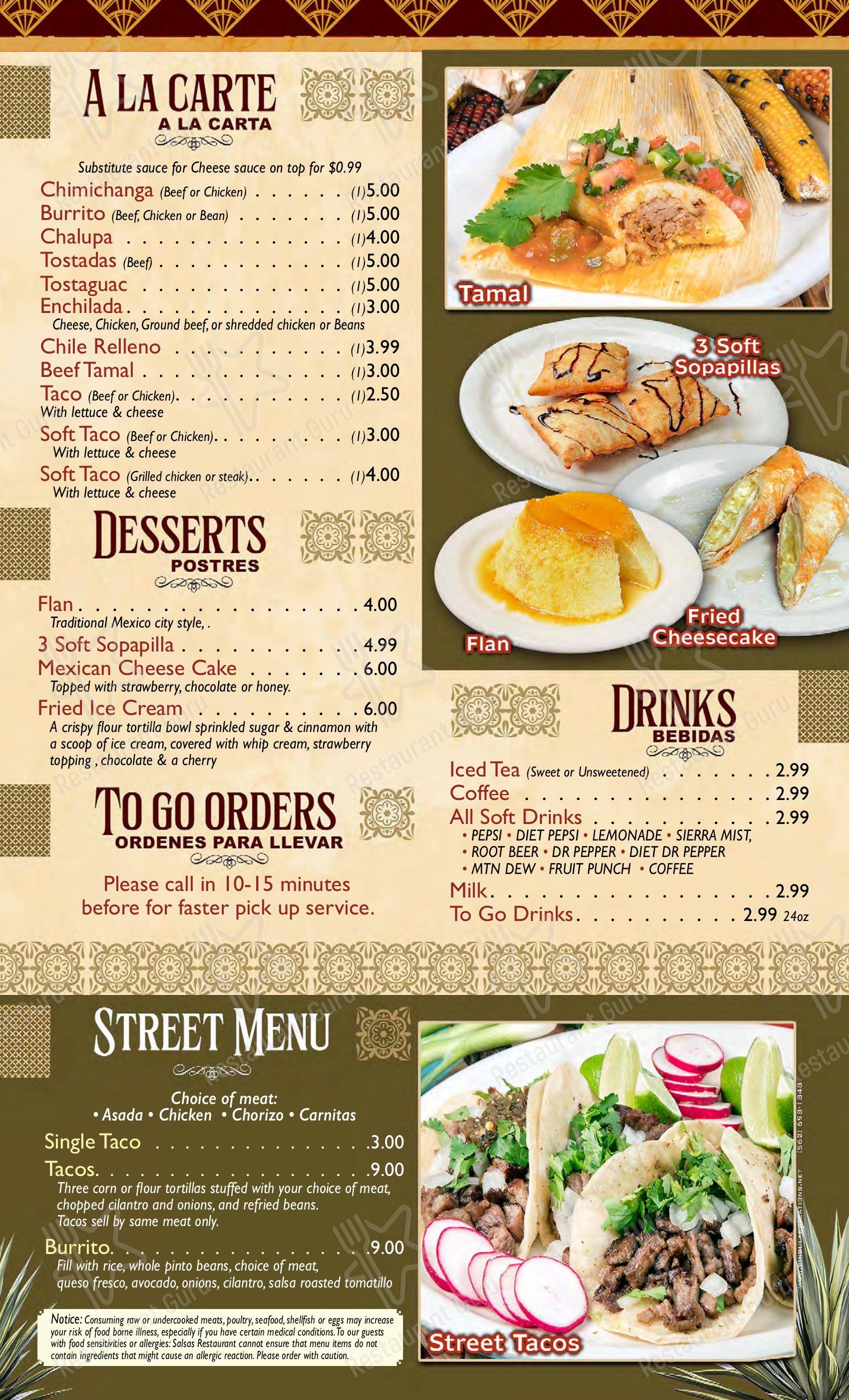 Menu at Las Fuentes Mexican Restaurant, Pryor