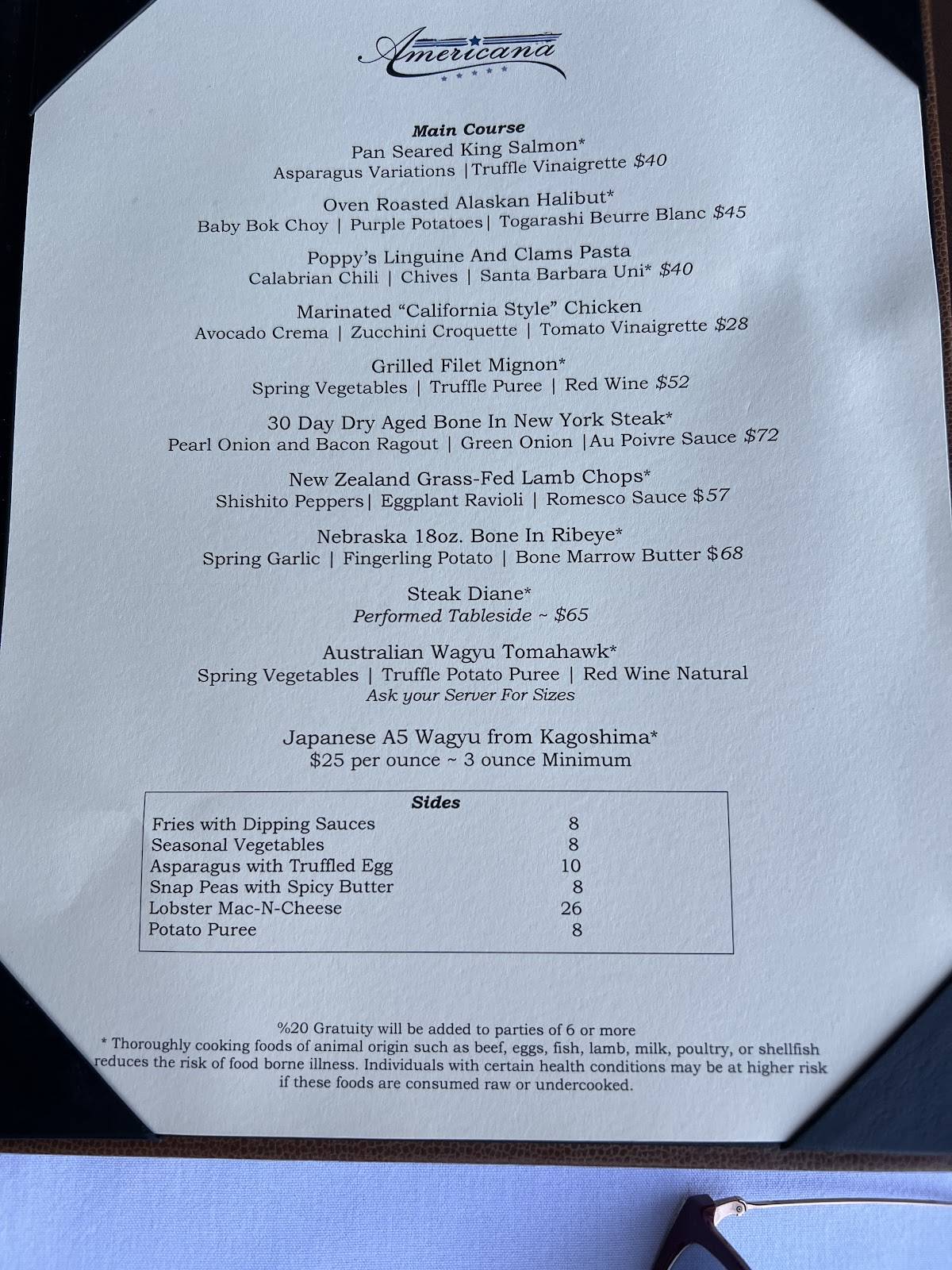 Menu at Americana Restaurant, Las Vegas