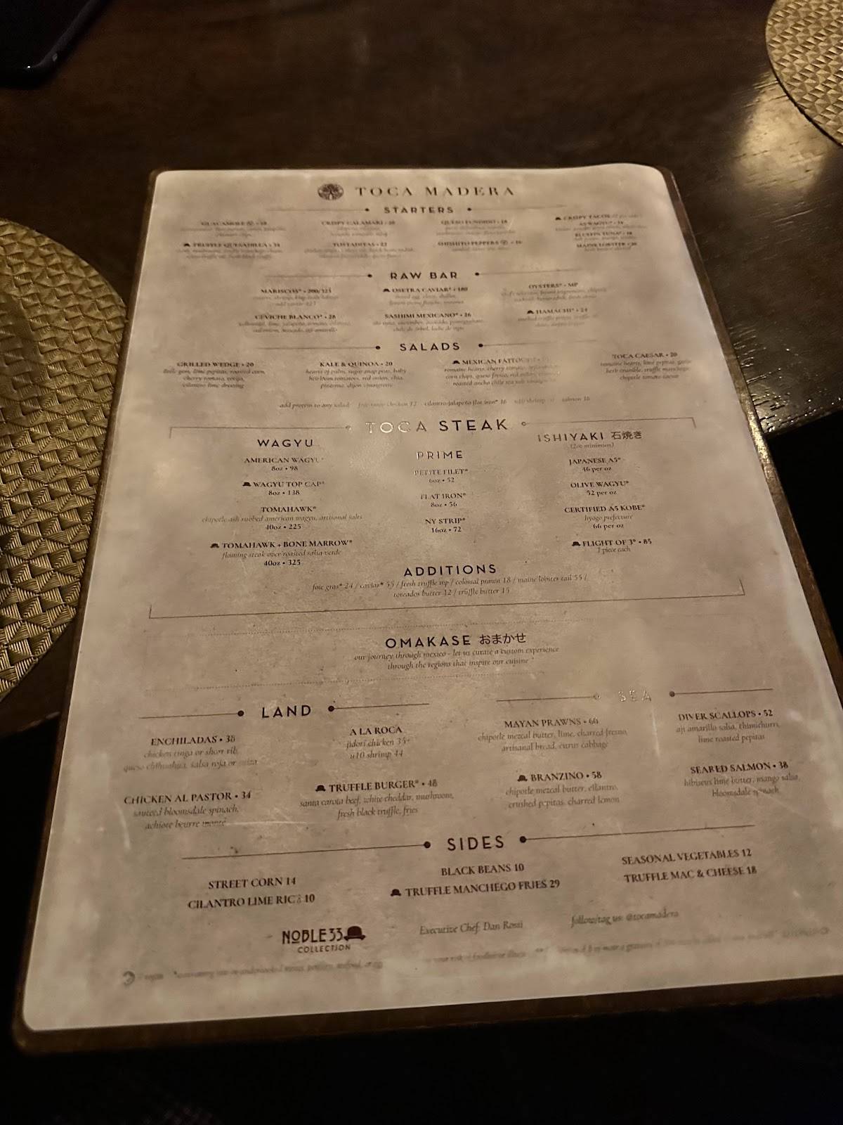 Carta de parrilla Toca Madera Las Vegas, Las Vegas