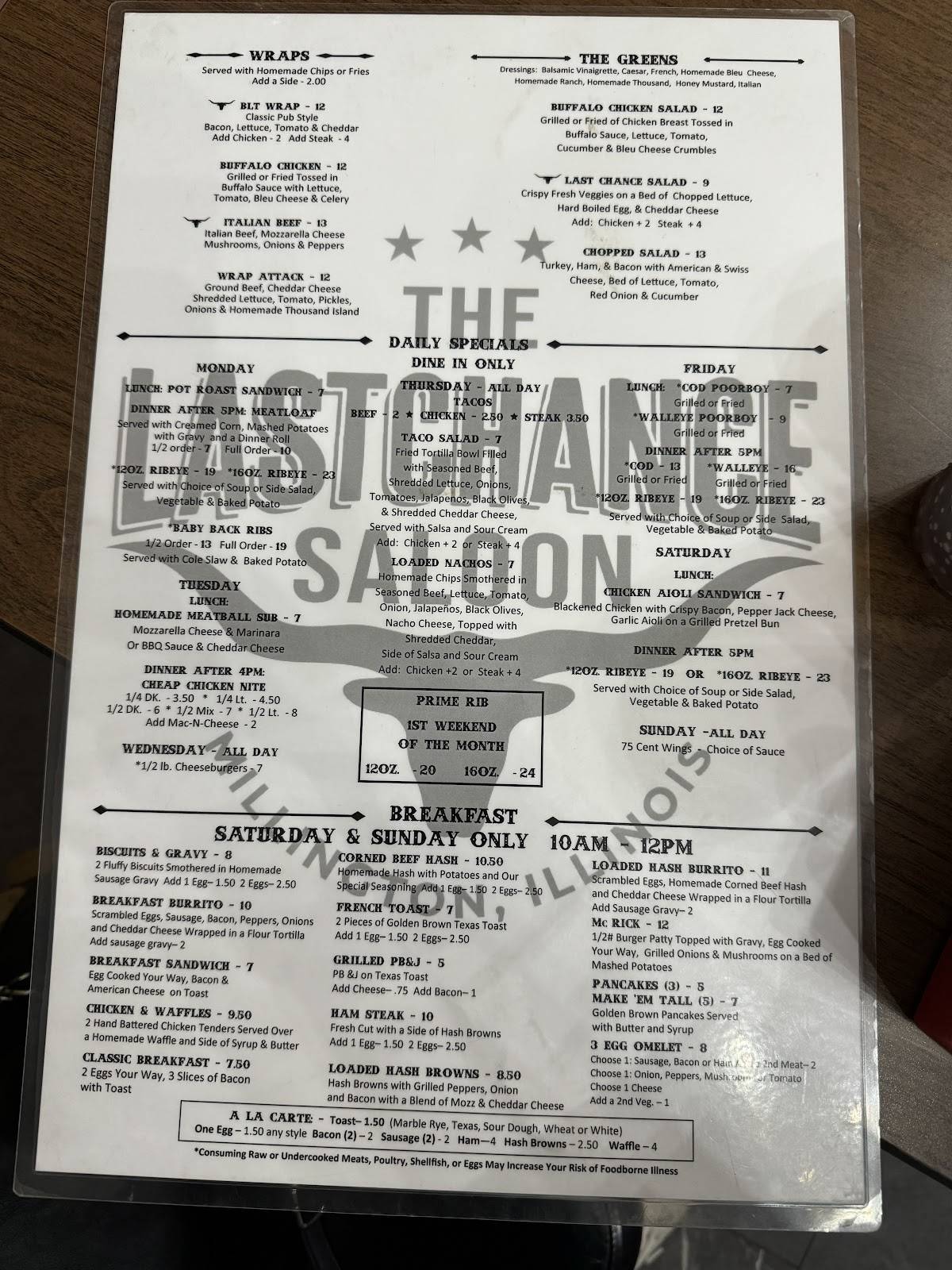 Menu at Last Chance Saloon pub & bar, Millington