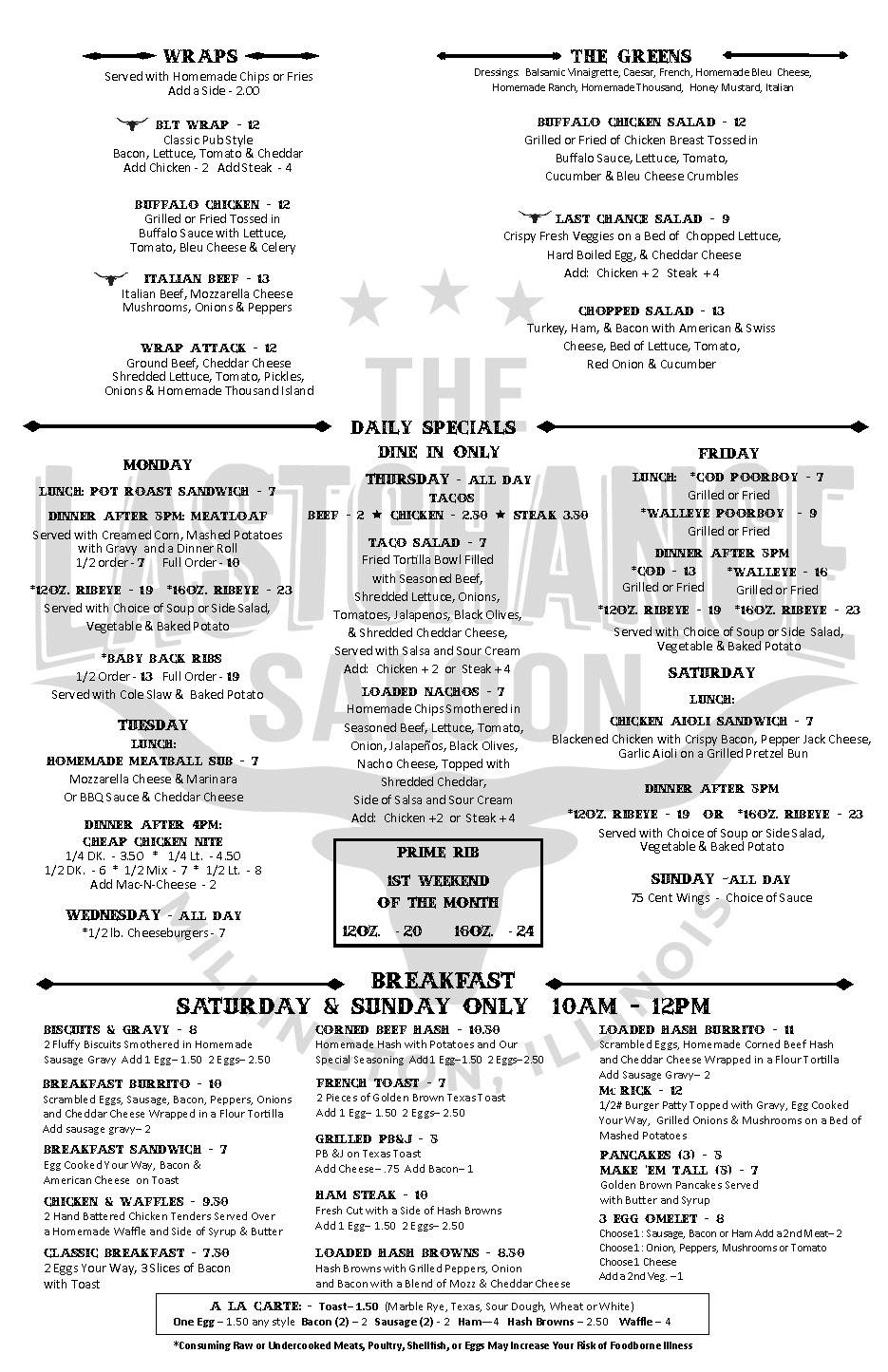 Menu at Last Chance Saloon pub & bar, Millington