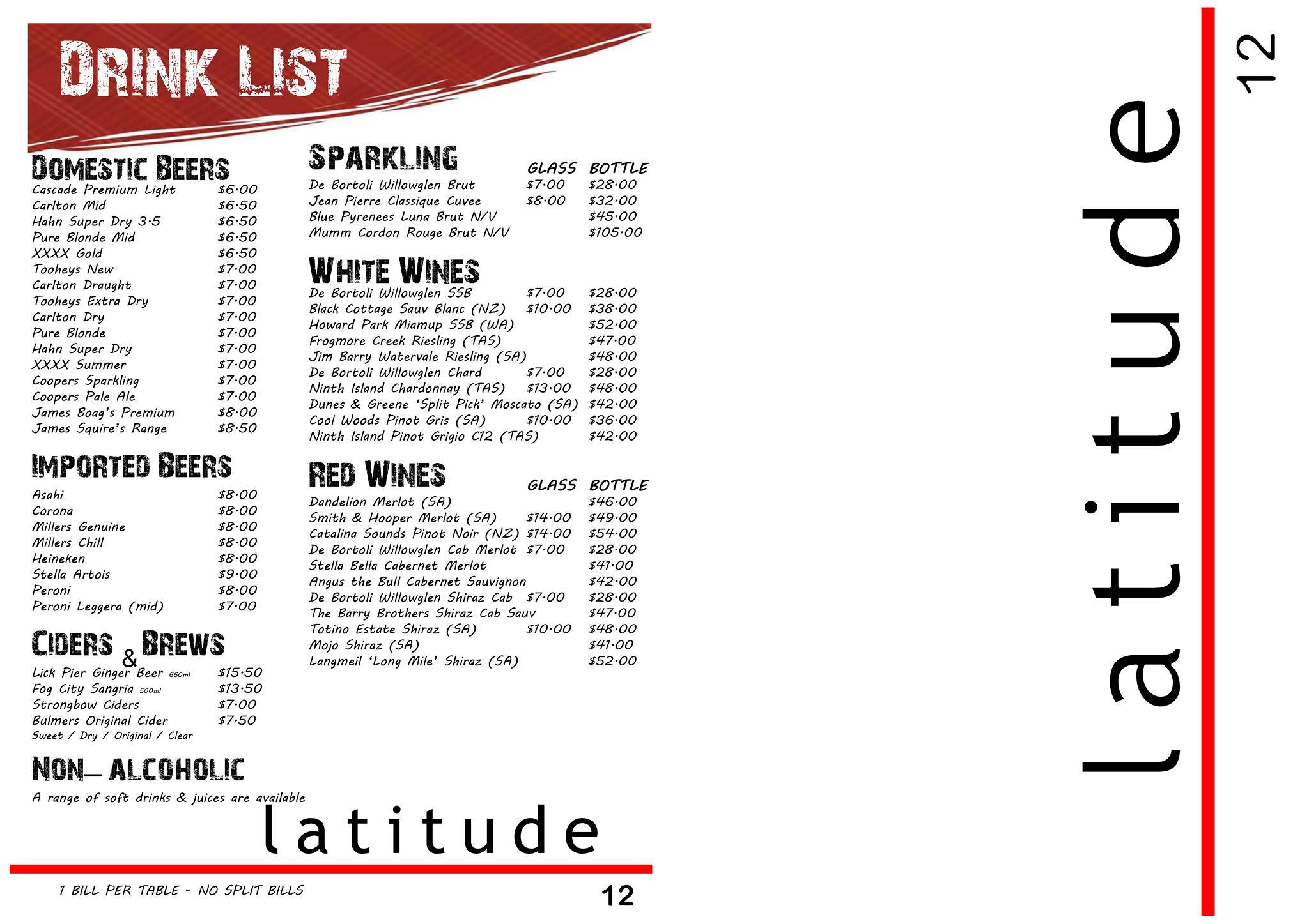 Menu at Latitude 12 restaurant, Nhulunbuy