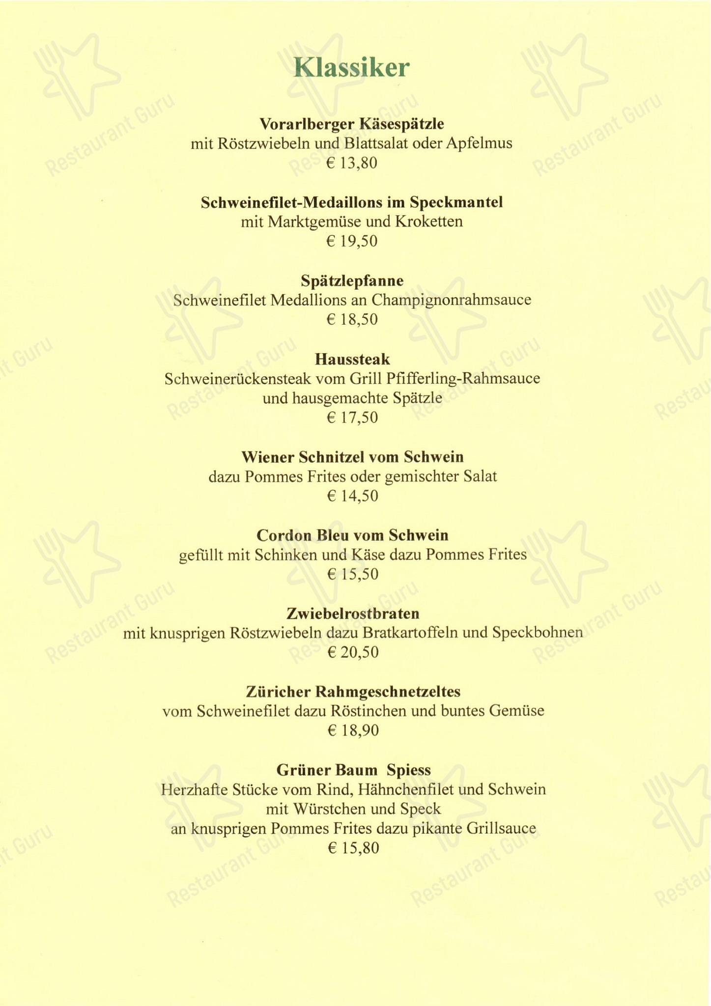 Carta de pizzería Zum Grünen Baum, Lauterach, Österreich