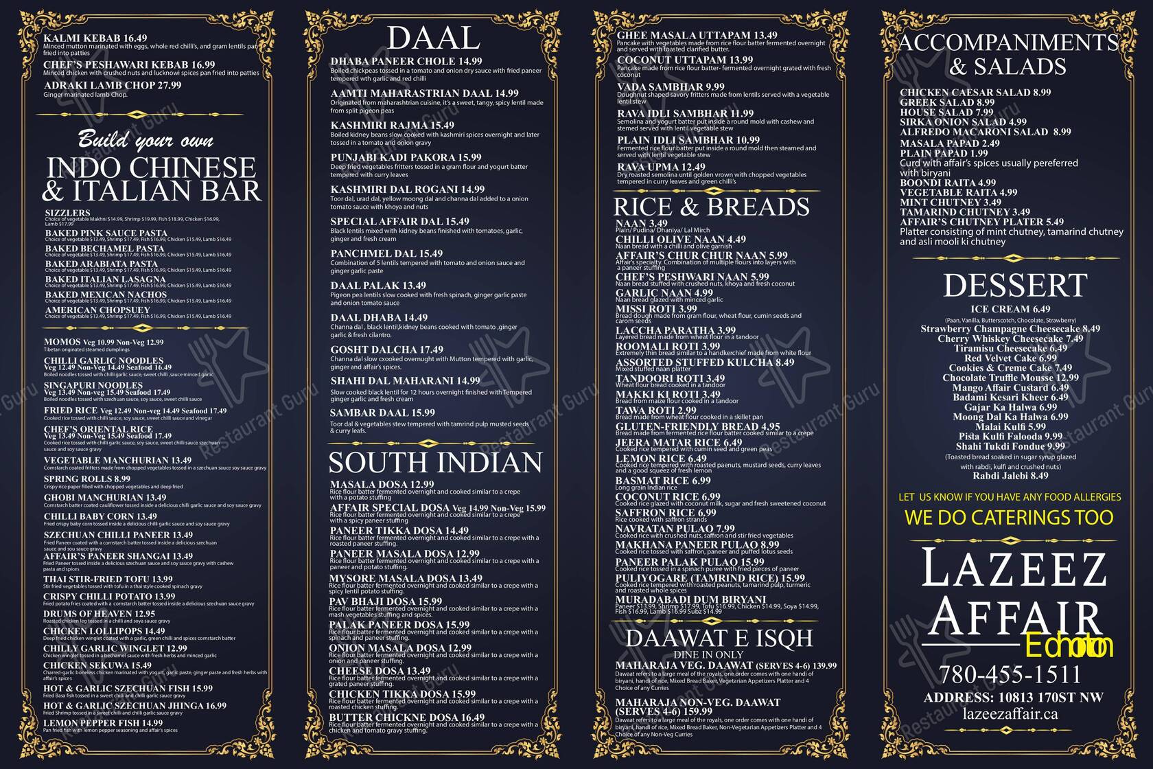 Menu at Lazeez Affair Fine Indian Cuisine & Bar, Edmonton
