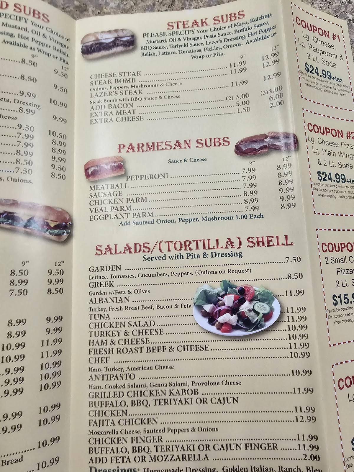 Menu at Lazer's Pizza & Roast Beef pizzeria, Ware