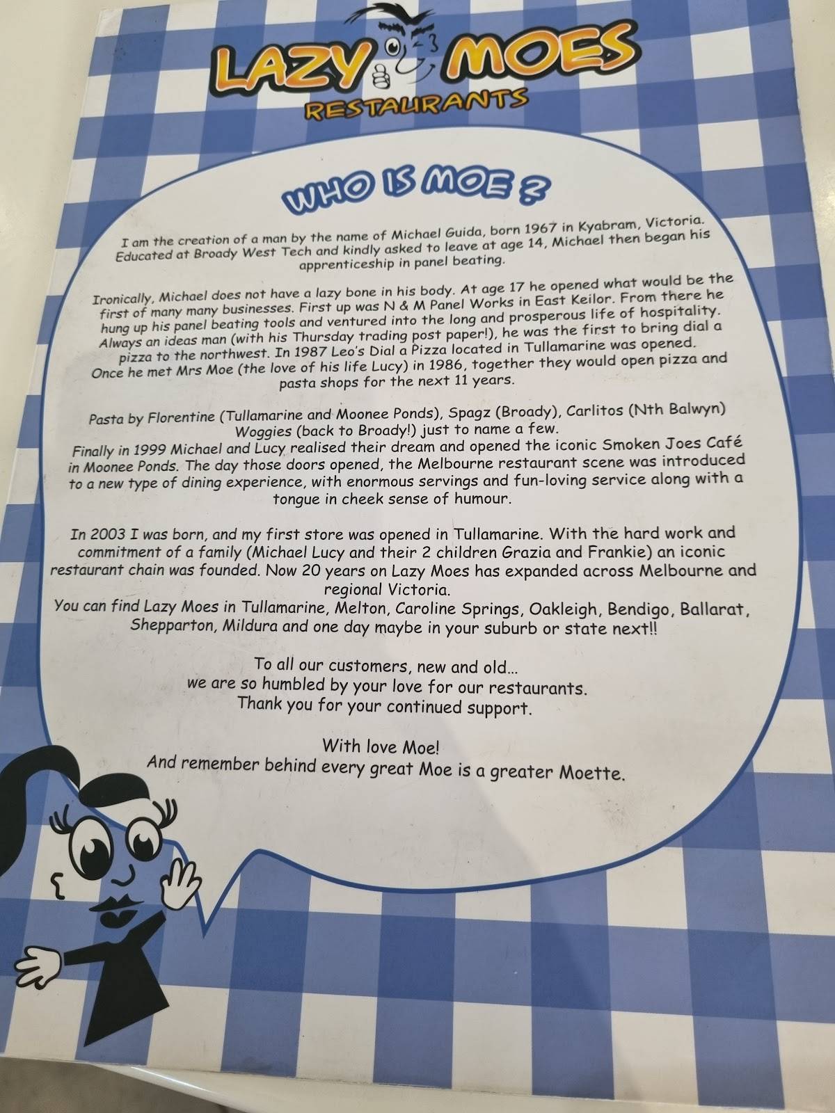 Menu at Lazy Moe's pizzeria, Tullamarine