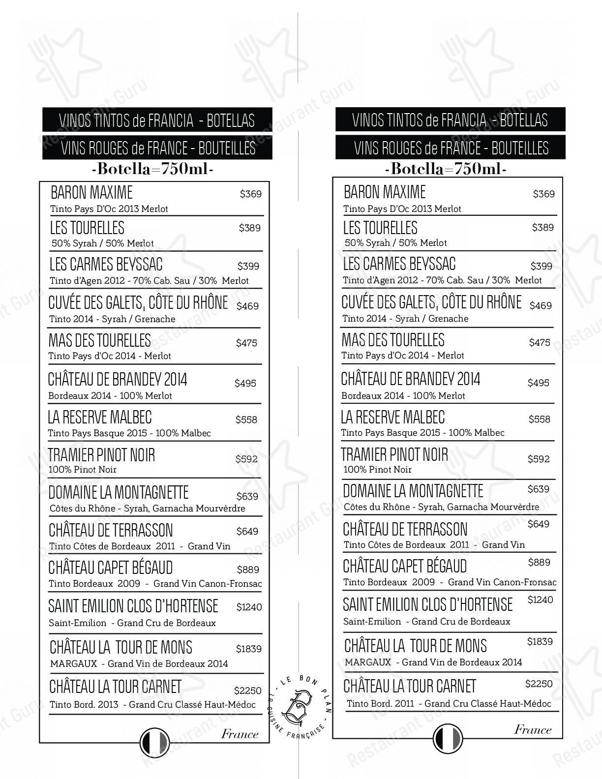 Carta del restaurante Le Bon Plan, Guadalajara