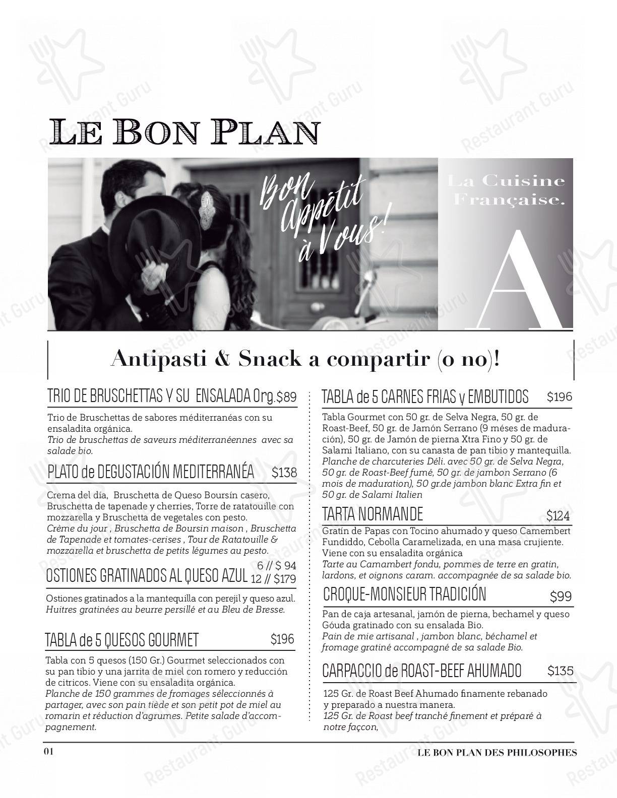 Carta del restaurante Le Bon Plan, Guadalajara