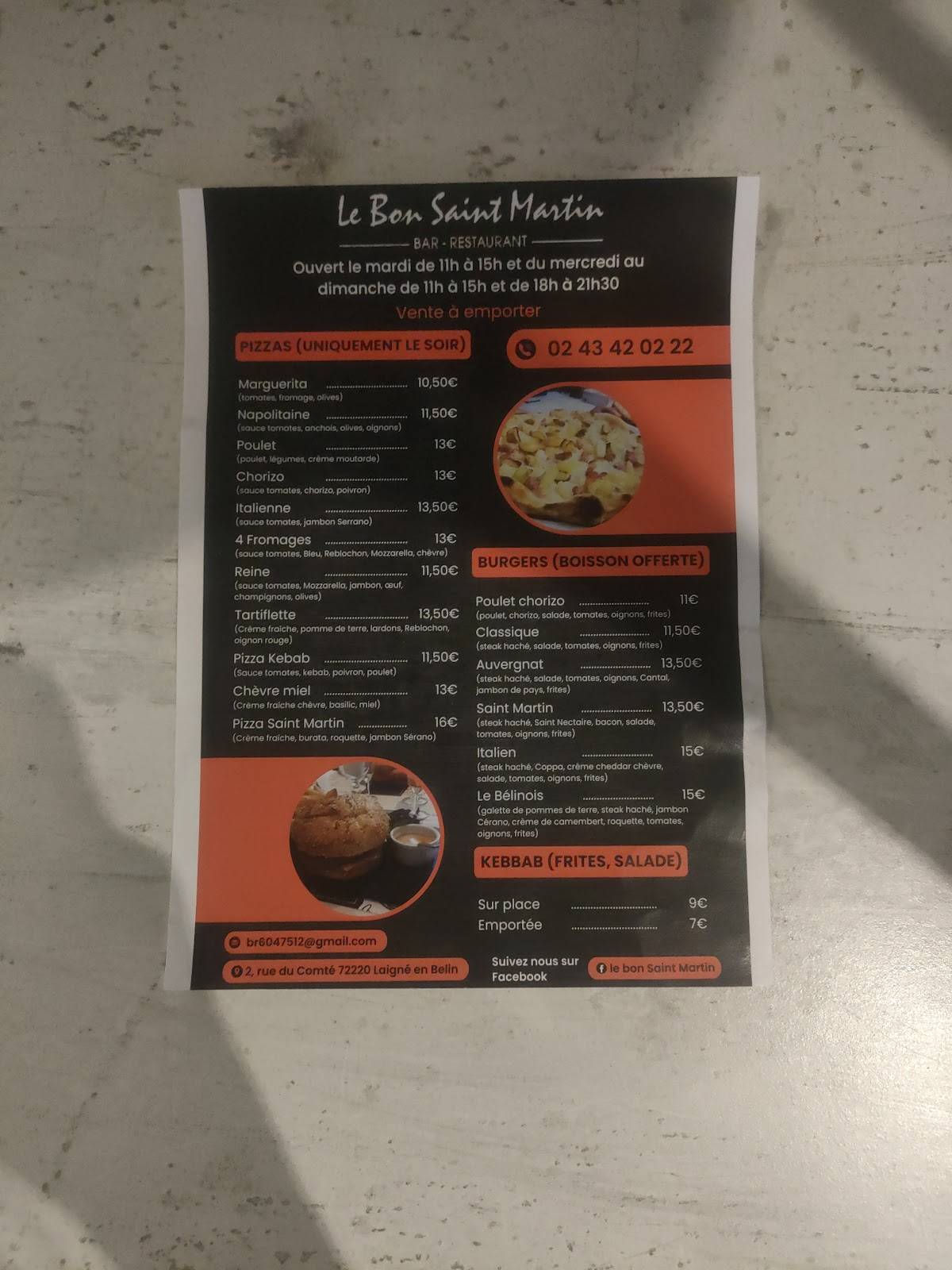 Menu at Le Bon Saint-Martin restaurant, Laigné-en-Belin