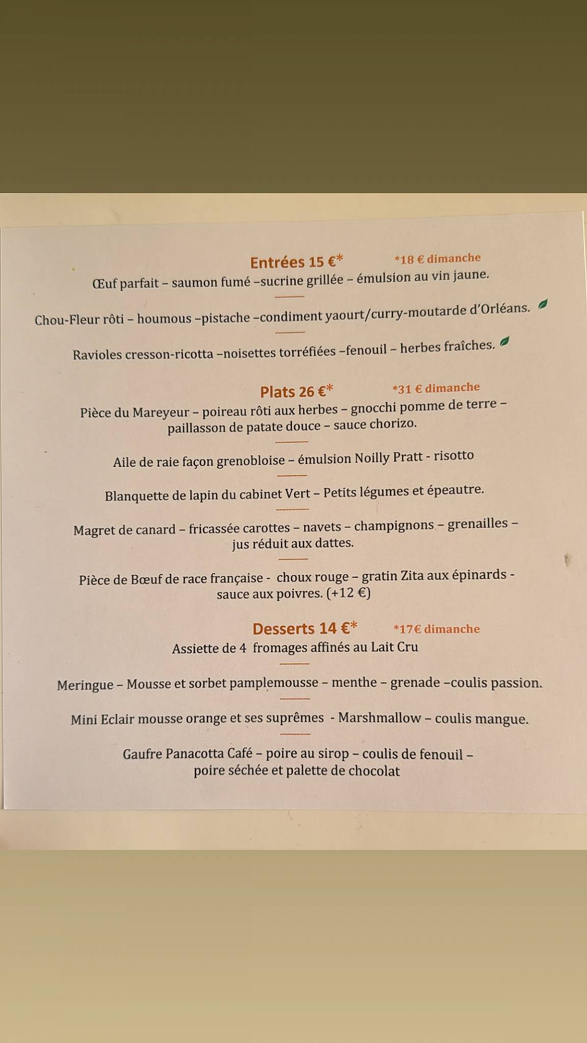Menu au Le Cabinet Vert restaurant, Orléans