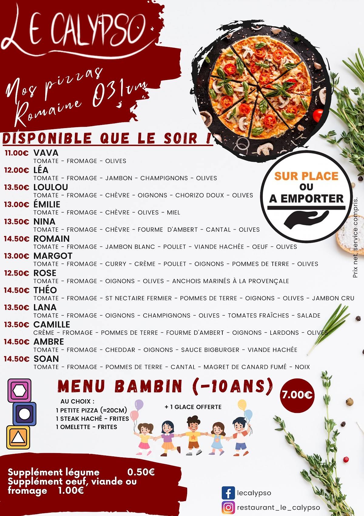 Menu au Le Calypso restaurant, Thiers, 2 Avenue Voltaire pres Pont du ...
