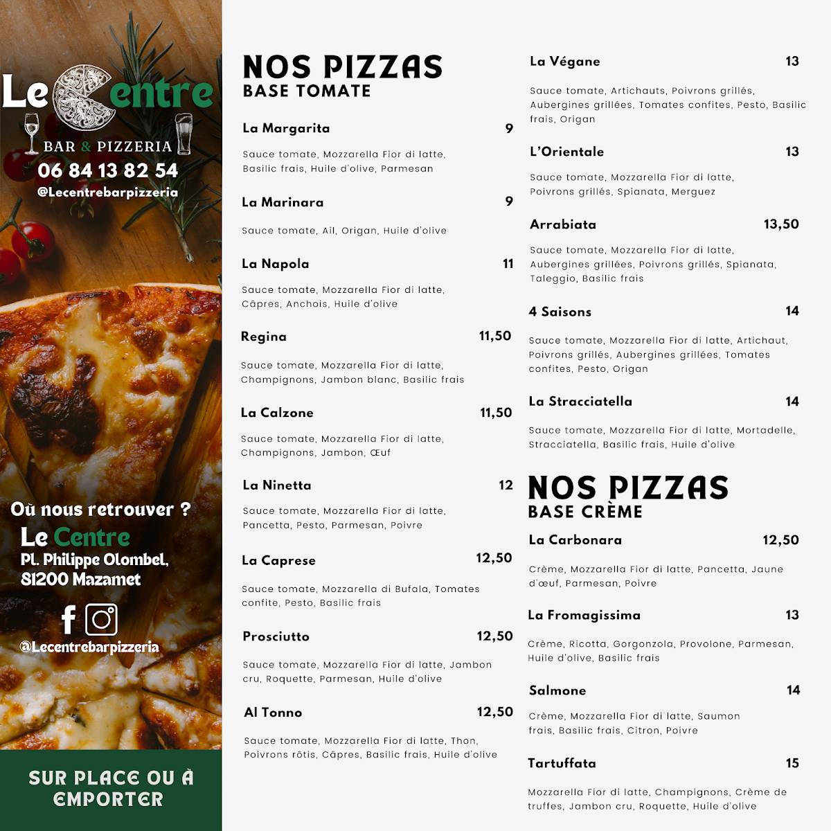 Menu au Le Centre Bar & Pizzéria, Mazamet