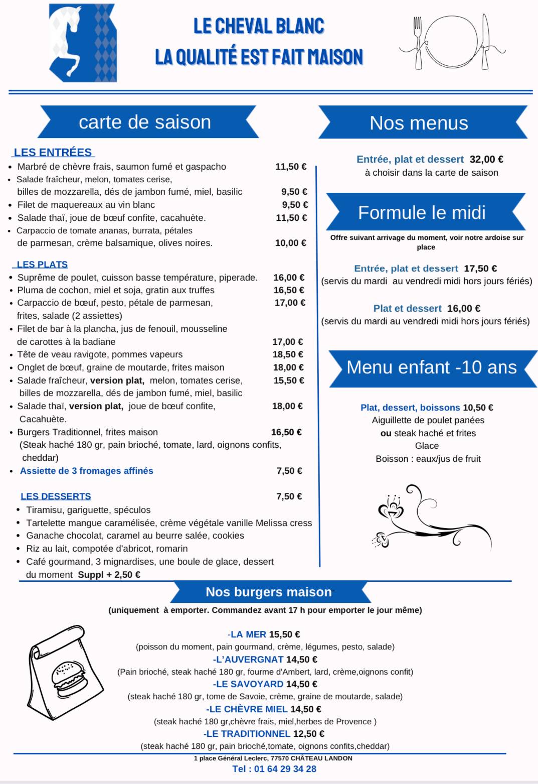 Menu au Le Cheval blanc restaurant, Château-Landon