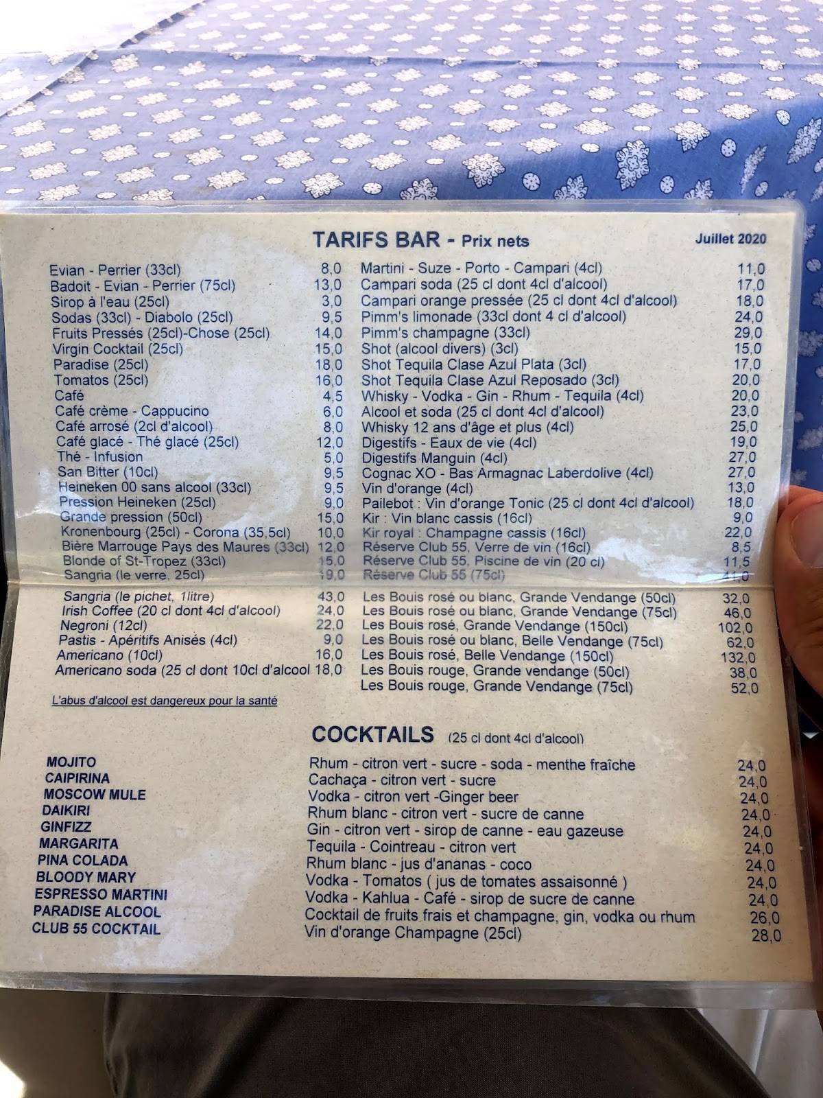 Menu at Le Club 55, Ramatuelle
