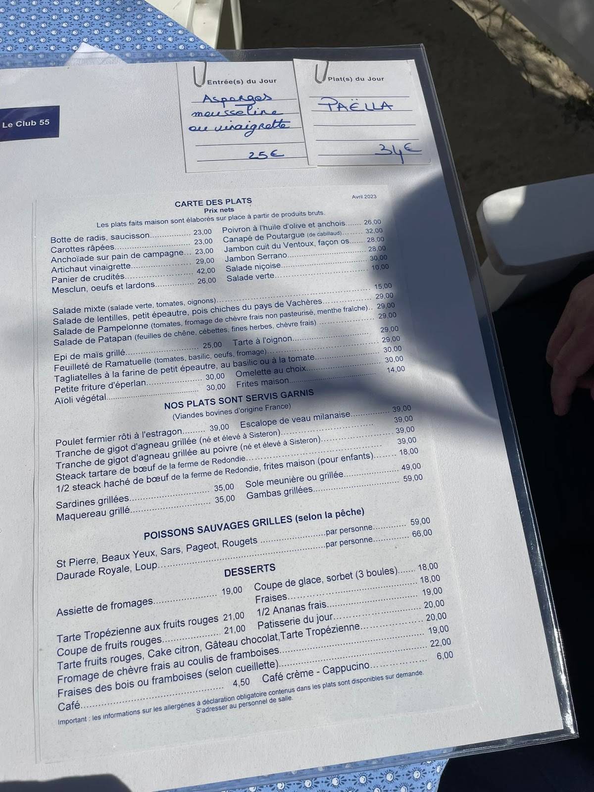 Menu at Le Club 55, Ramatuelle