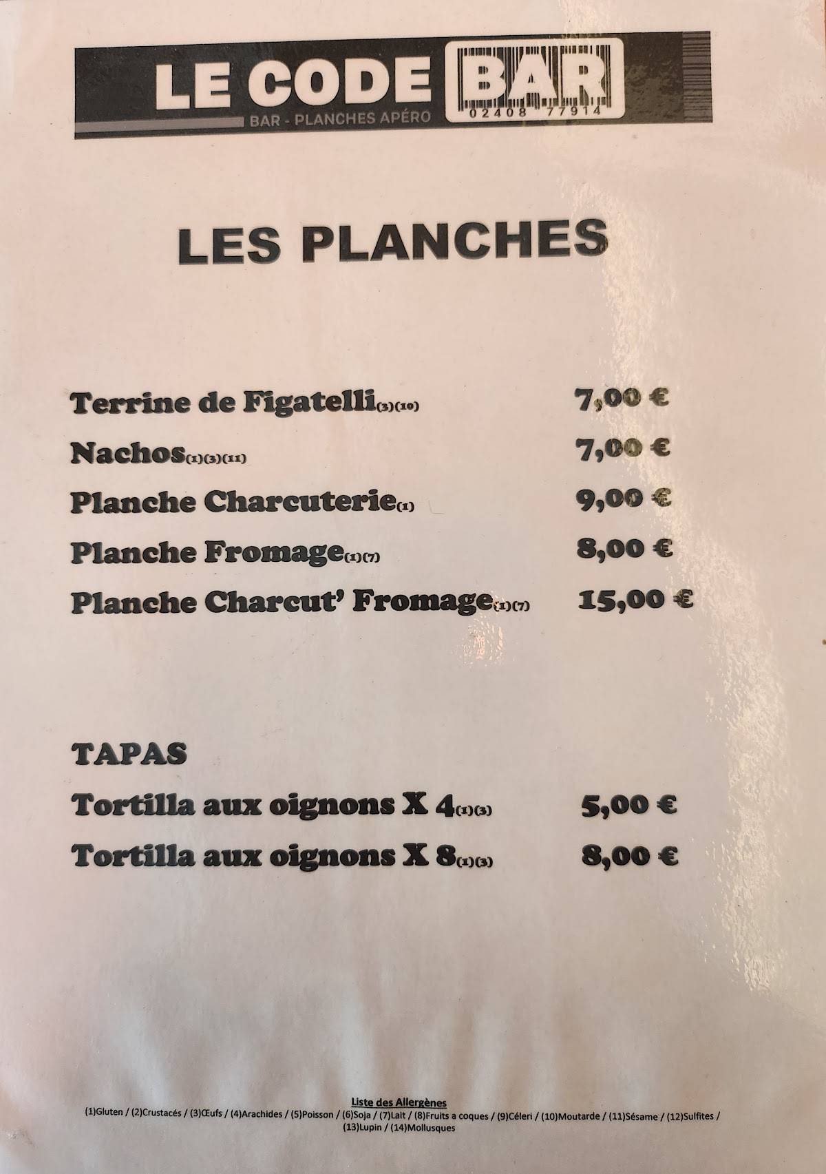 Menu au Le Code Bar, Blain
