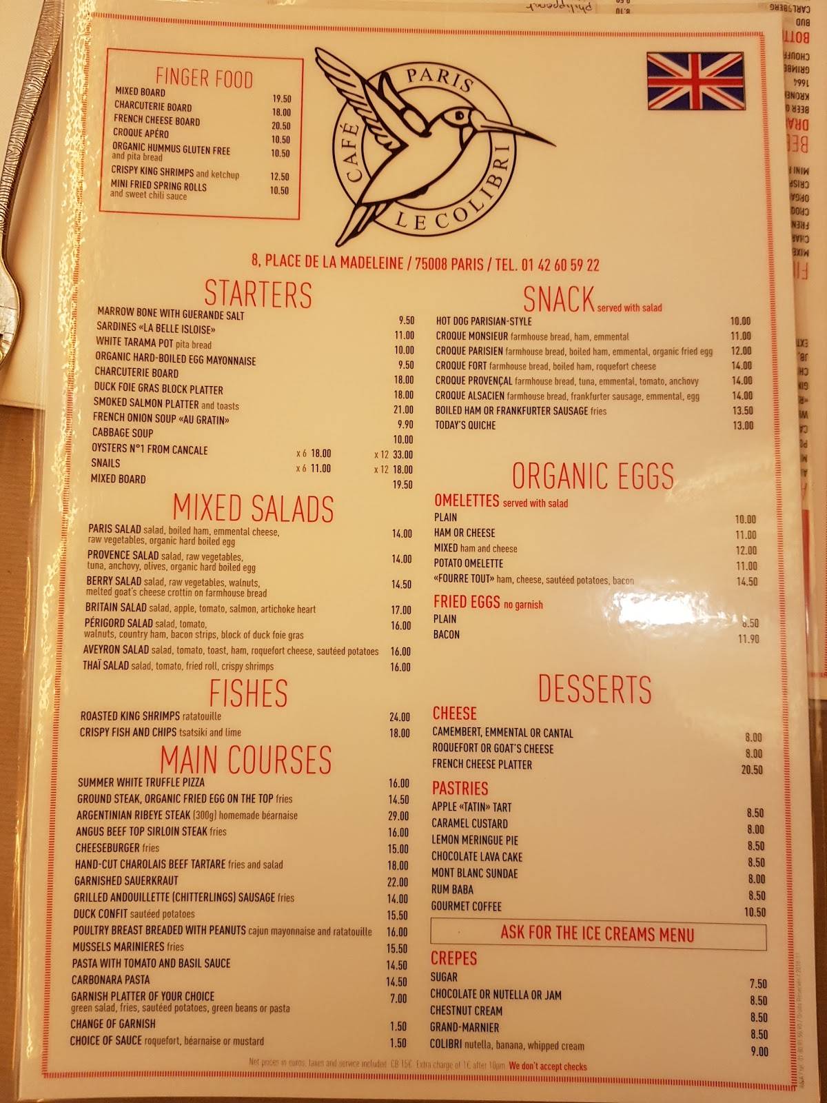 Menu at Le Colibri restaurant, Paris, 8 Pl. de la Madeleine