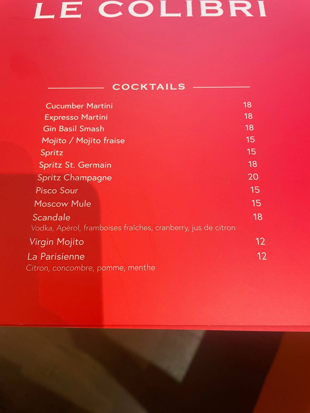 Menu at Le Colibri restaurant, Paris, 8 Pl. de la Madeleine