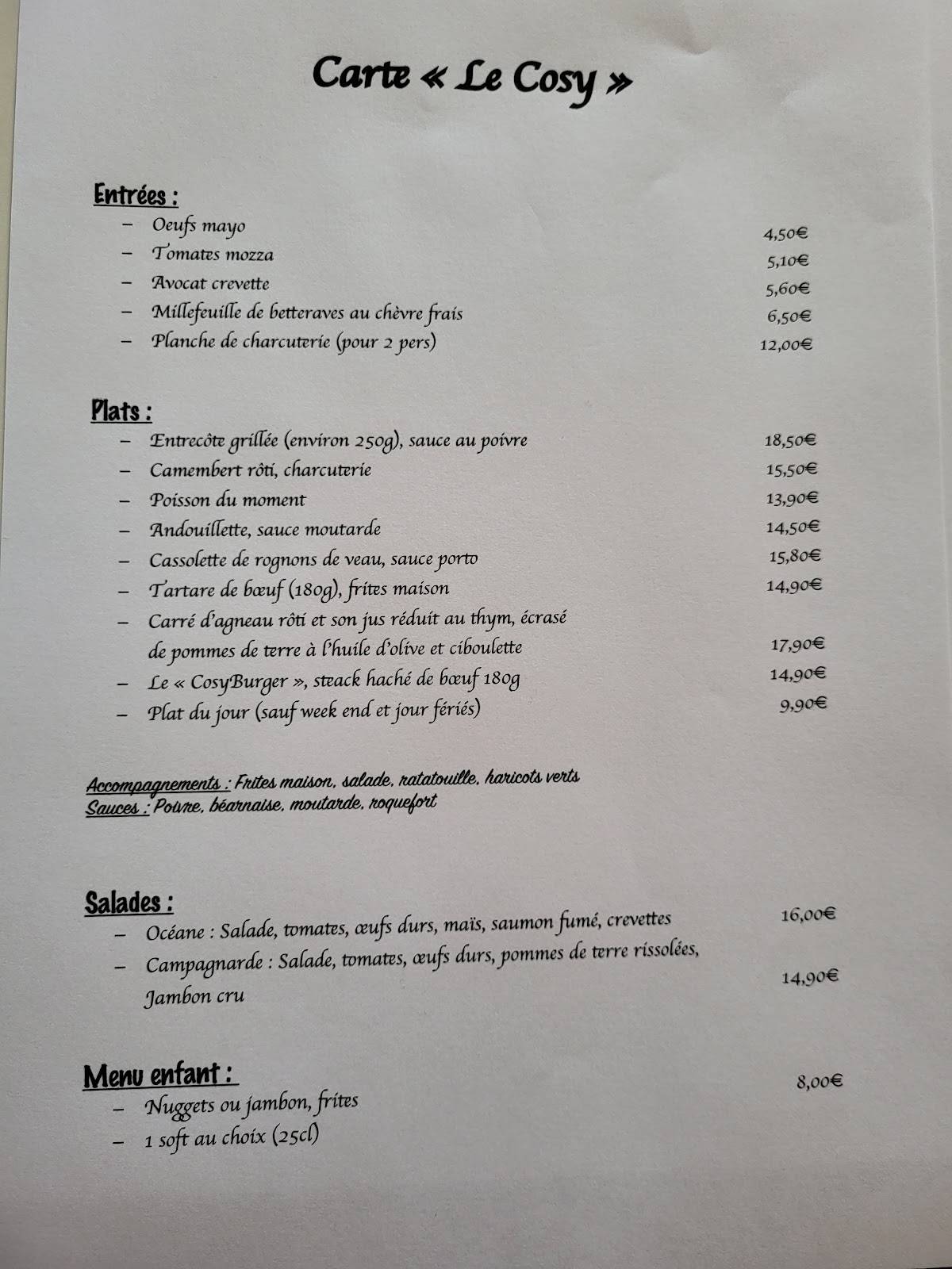 Menu au Le Cosy restaurant, Breteuil