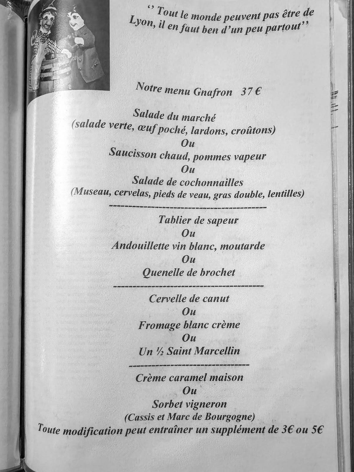 Menu at Le Garet restaurant, Lyon