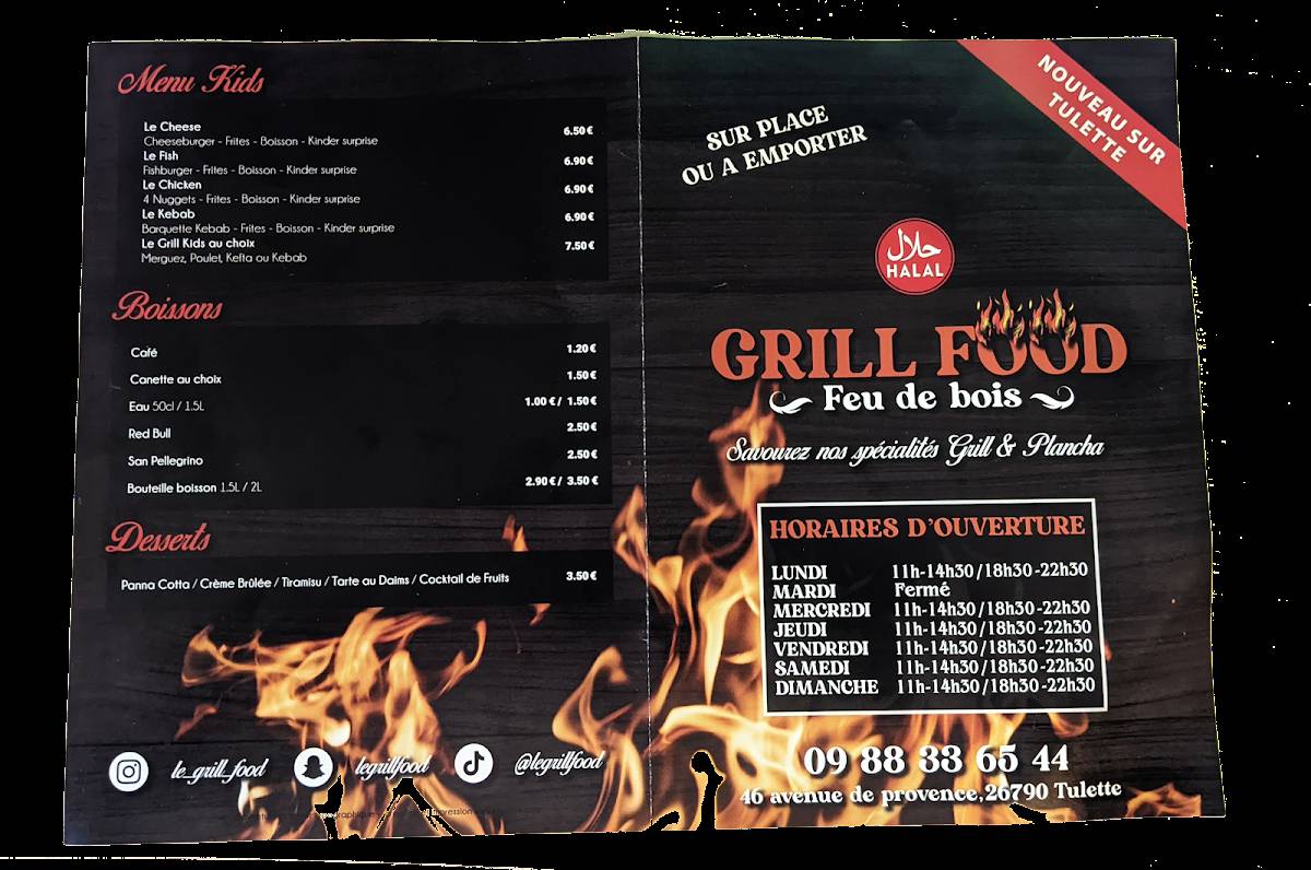 Menu au Le Grill Food restaurant, Tulette