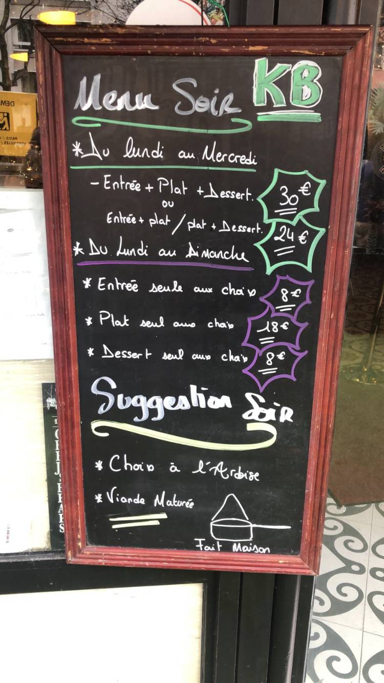 Menu au Le KB pub et bar, Le Kremlin-Bicêtre