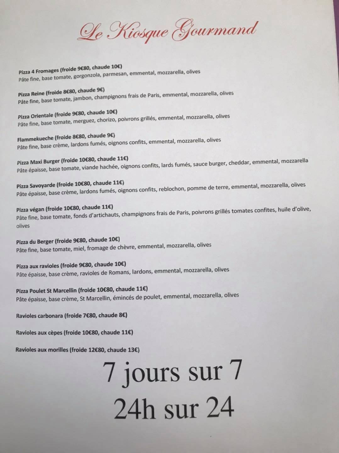 Menu au Le Kiosque Gourmand ( l’auberge gourmande) pizzeria, Primarette