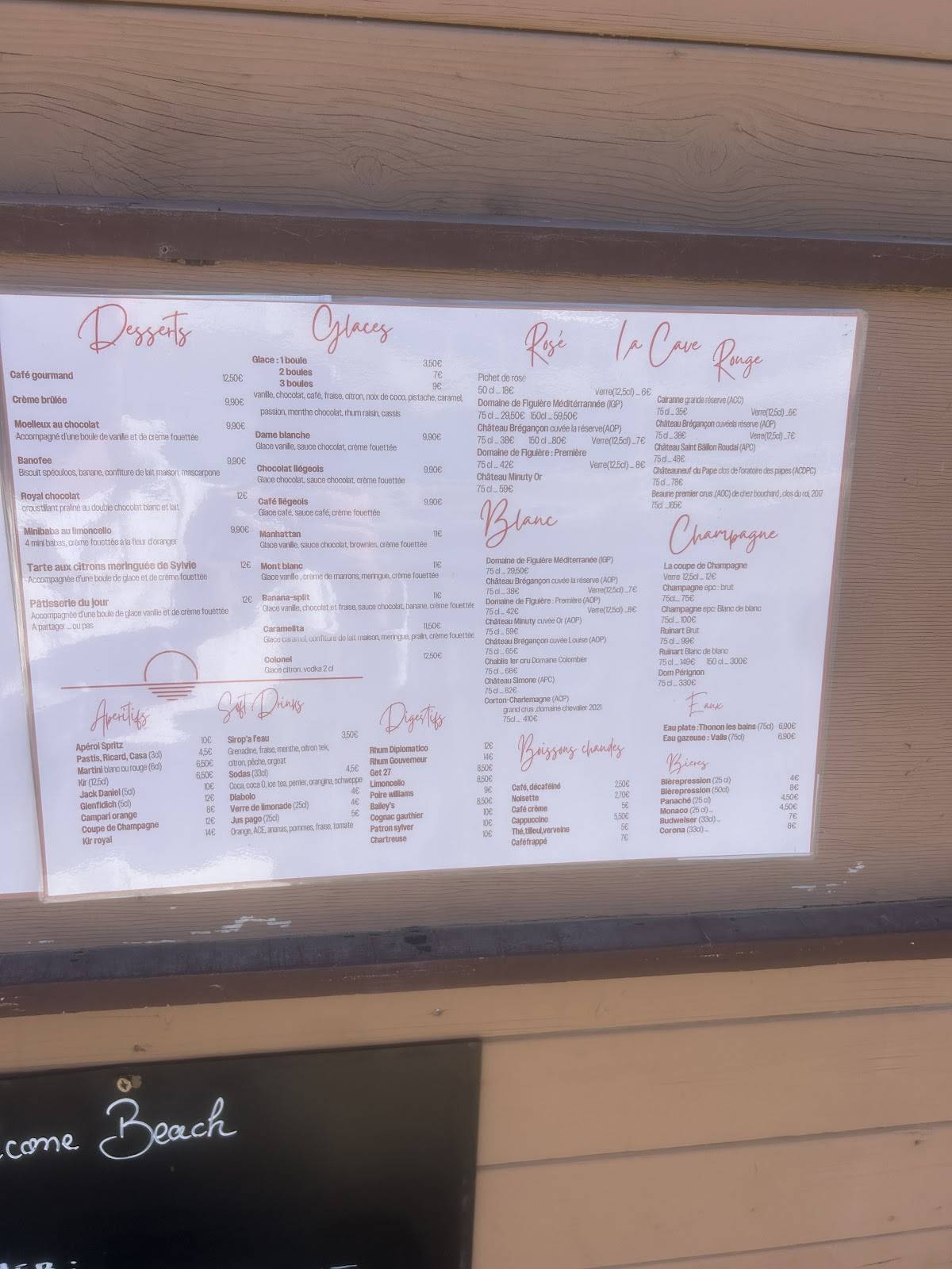 Carta del restaurante Welcome Beach, Le Lavandou