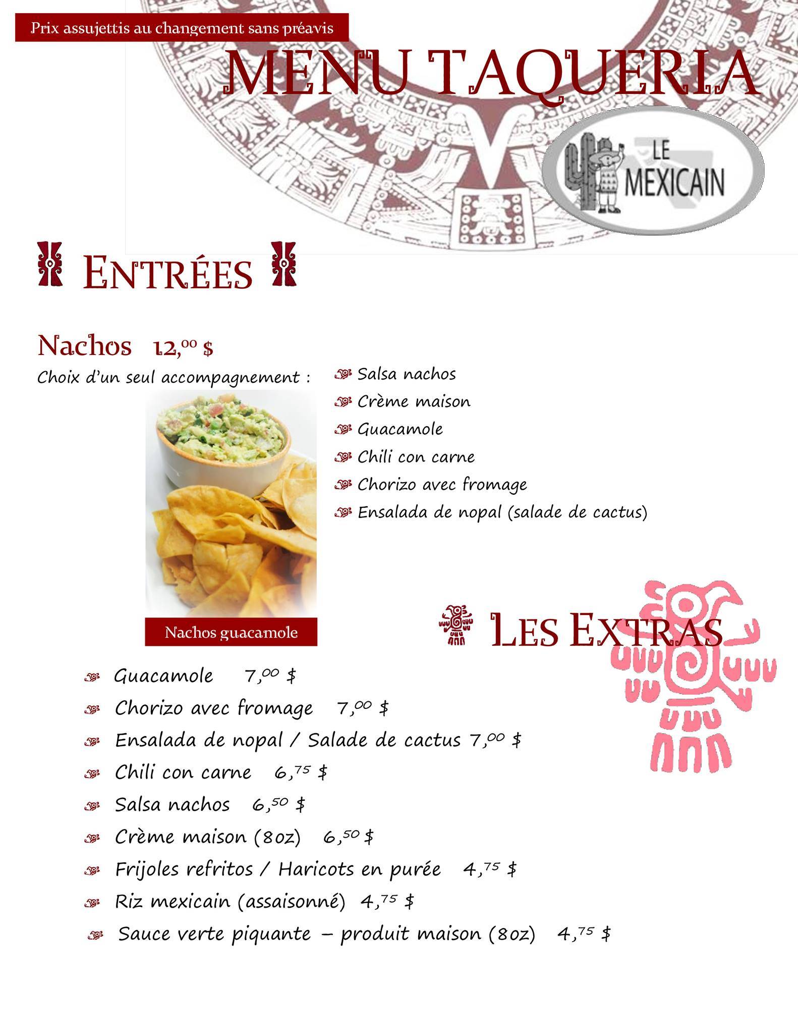 Menu au Le Mexicain restaurant, Québec