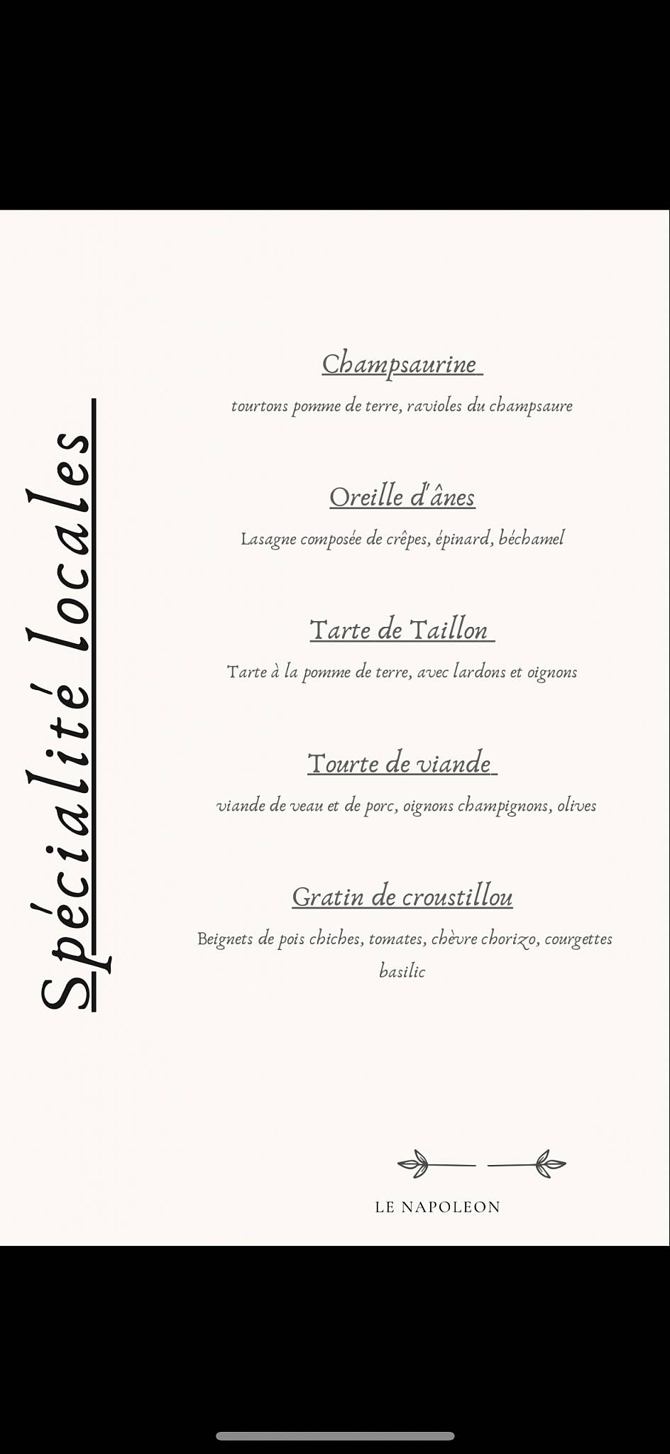 Menu au Le Napoléon restaurant, Corps