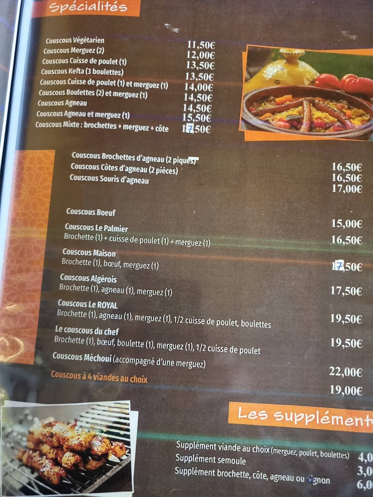 Menu au Le Palmier restaurant, Dieppe