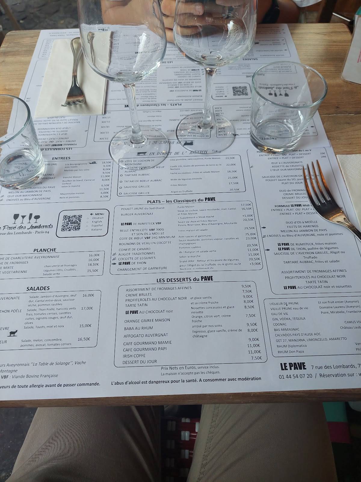 Menu at Le Pavé pub & bar, Paris, 7 Rue des Lombards