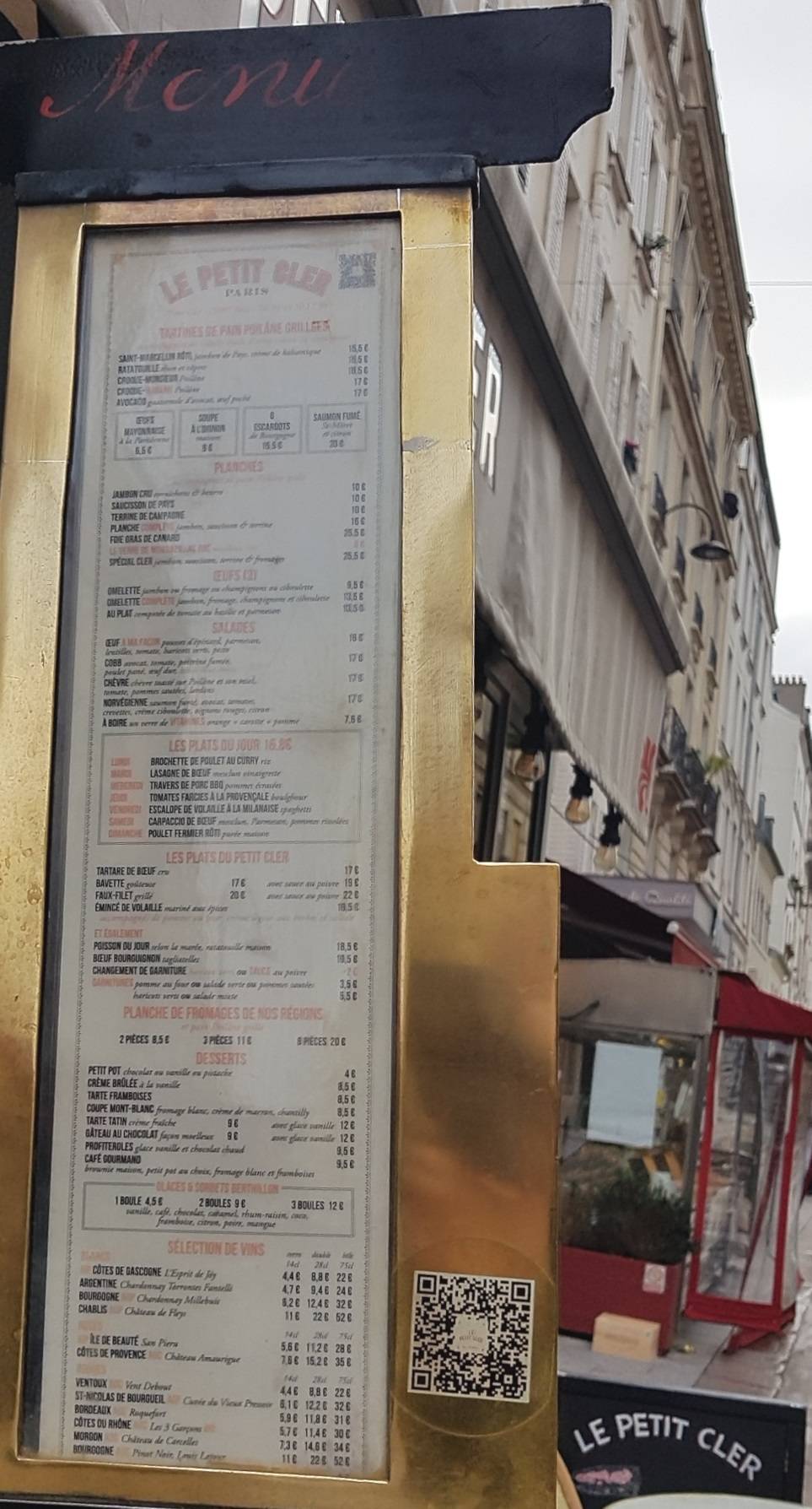 Menu at Le Petit Cler restaurant, Paris, 29 Rue Cler